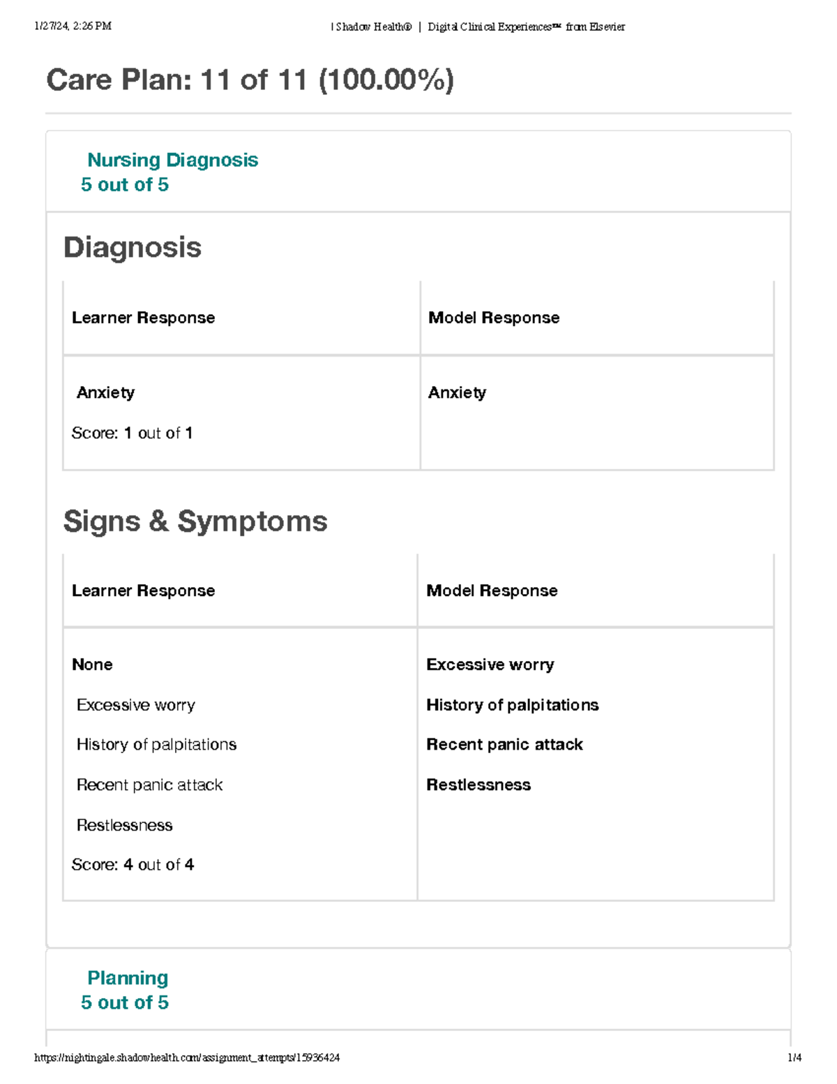 Anxiety SH Care Plan - Care Plan: 11 of 11 (100%) Diagnosis Learner Response Model Response ...