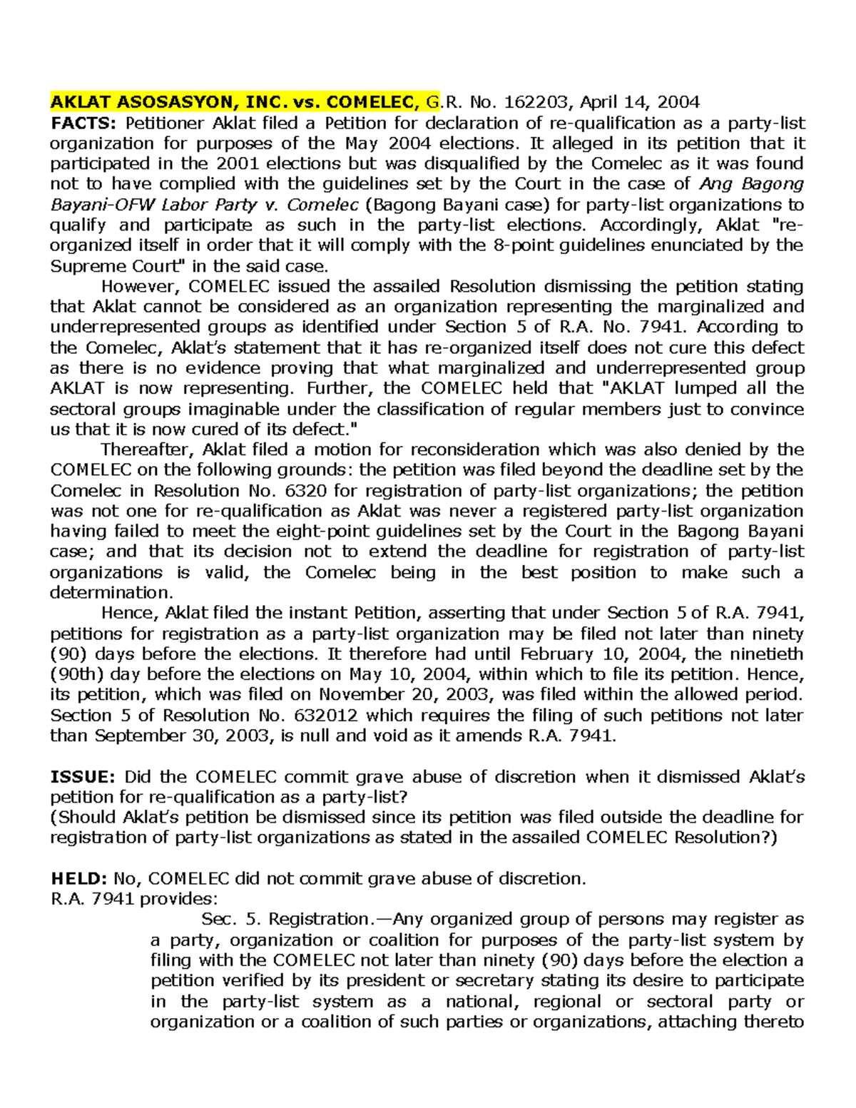 Aklat Asosasyon - digest - AKLAT ASOSASYON, INC. vs. COMELEC, G. No ...