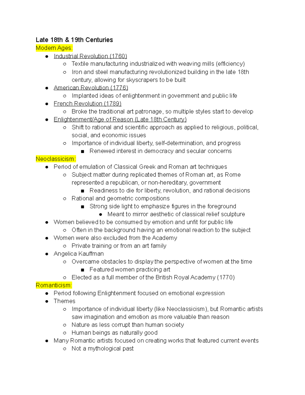 Art Notes for Exam 3 - Late 18th & 19th Centuries Modern Ages ...