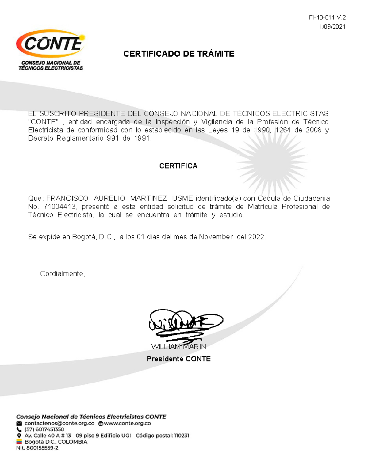 Certificado de trámite 71004413 - CERTIFICADO DE TR¡MITE FI-13-011 V. 1 ...