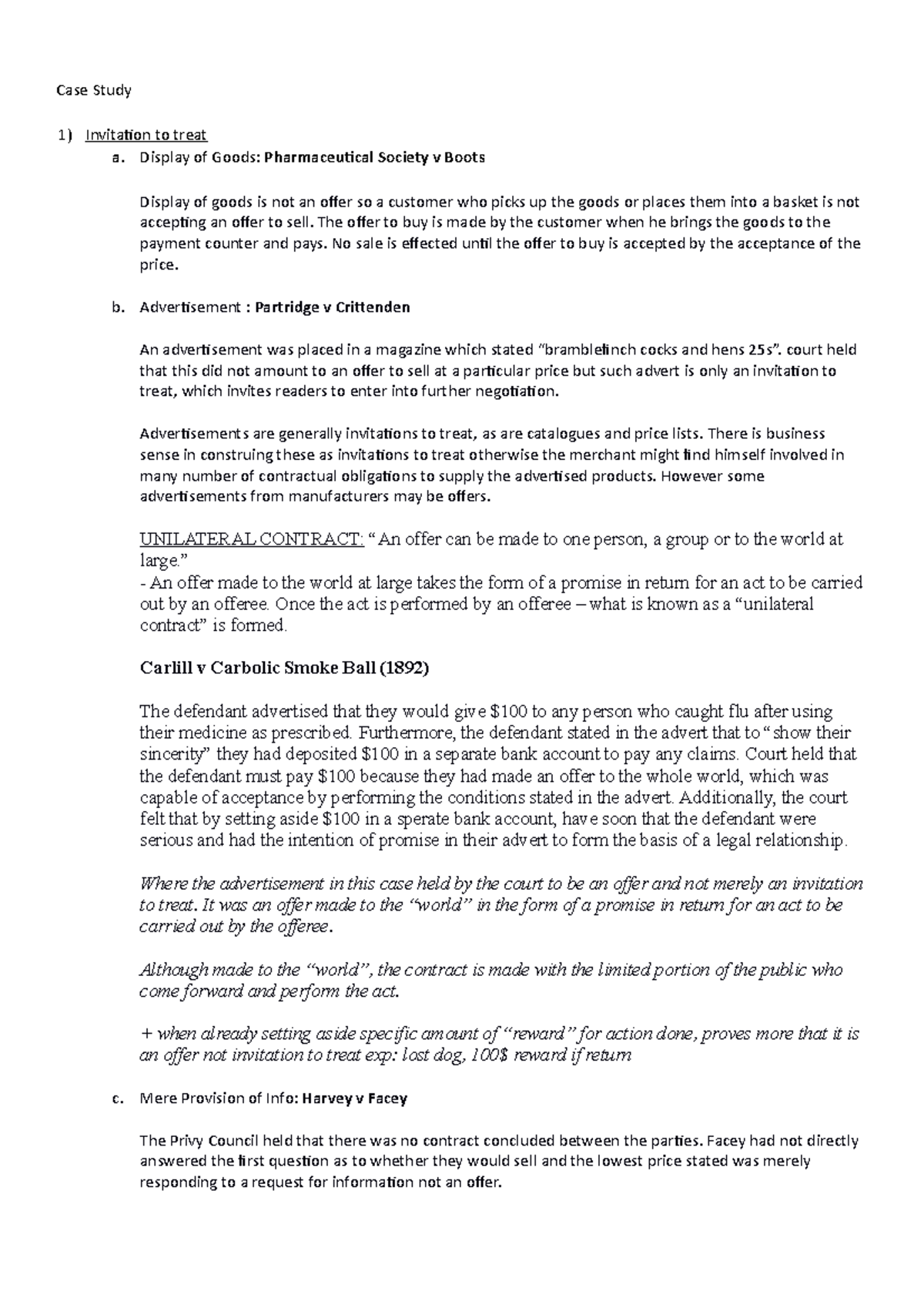 BUS201 Cheatsheet for exam - Case Study Invitation to treat a. Display ...
