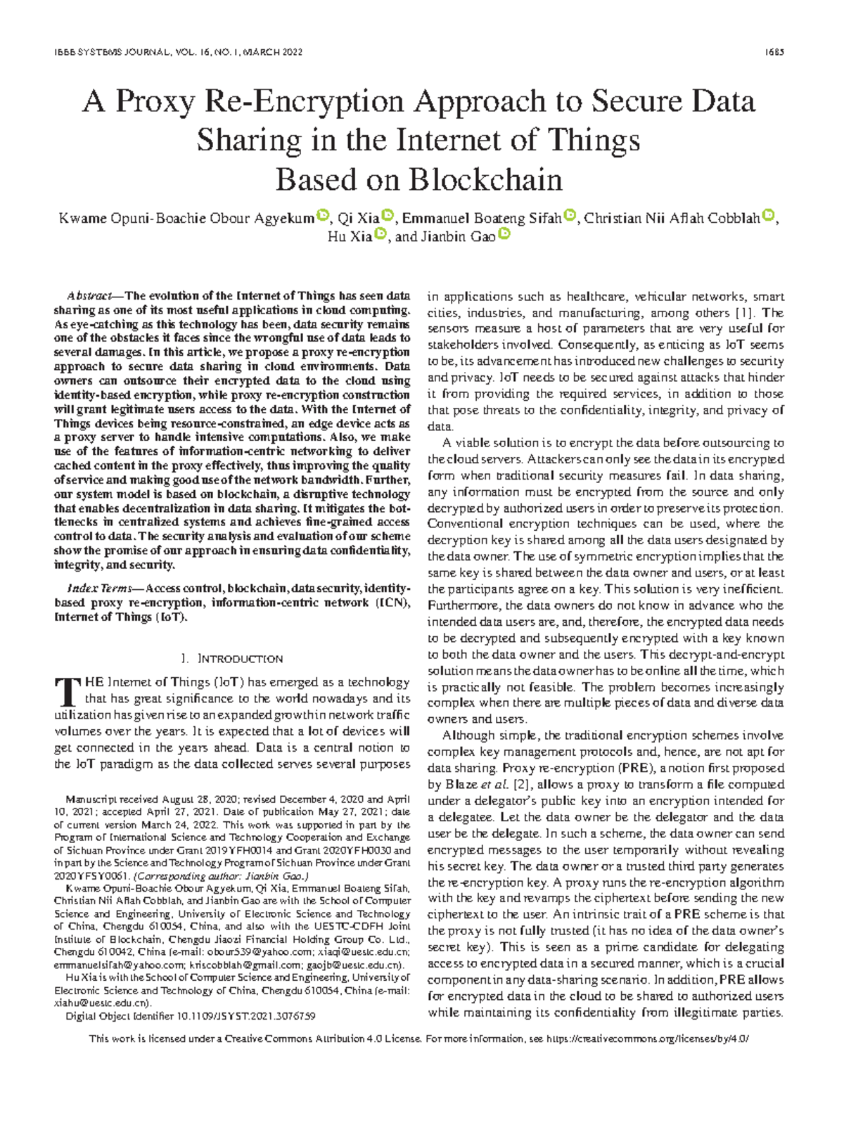 A Proxy Re-Encryption Approach to Secure Data Sharing in the Internet of Things Based on ...
