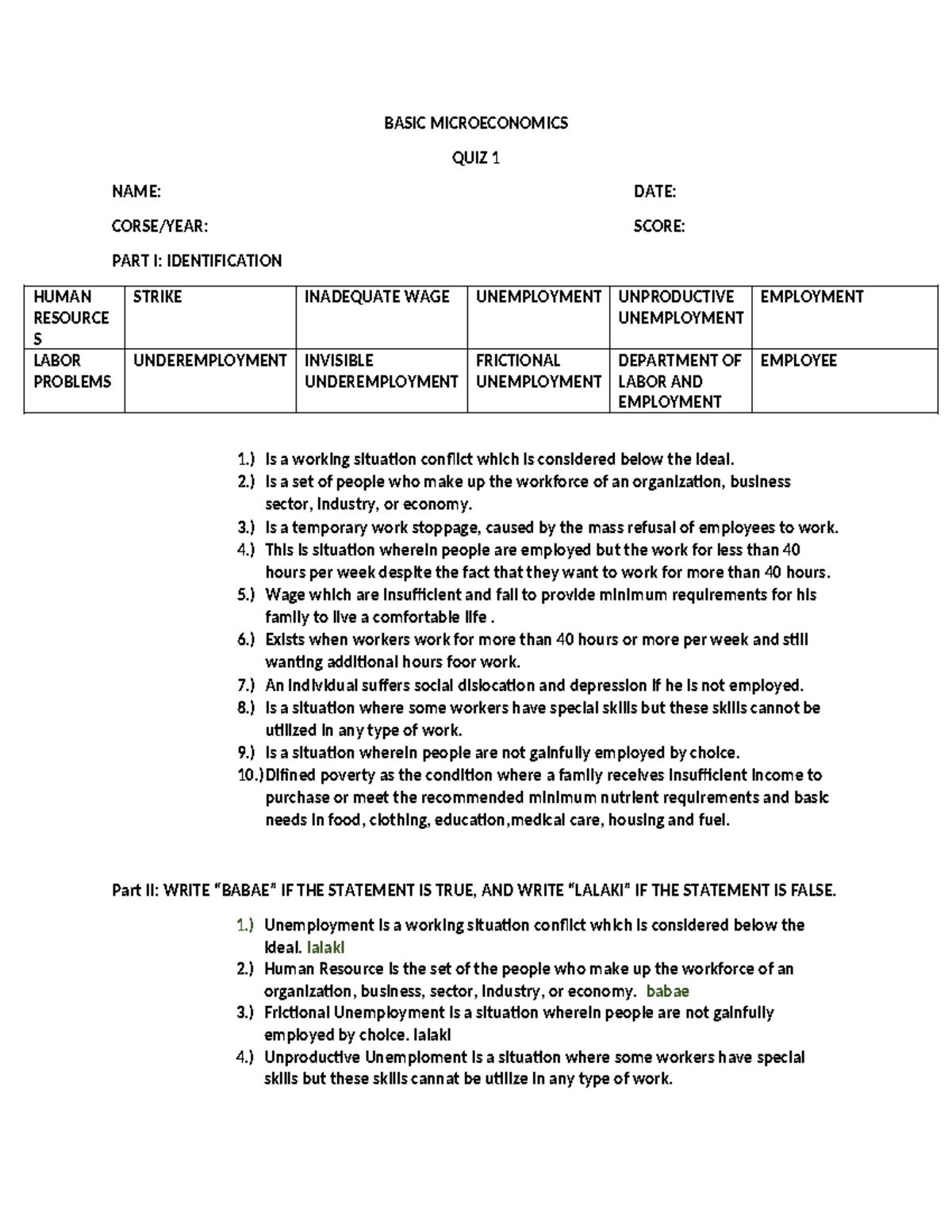 BM QUIZ - basic micro economics - BASIC MICROECONOMICS QUIZ 1 NAME ...