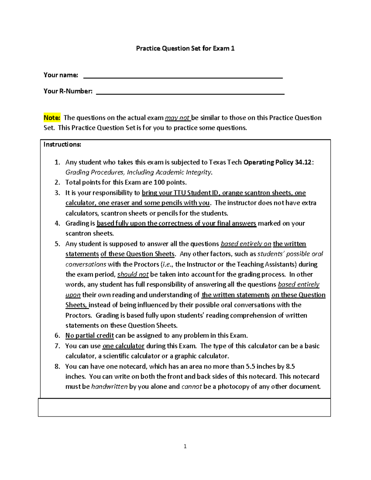 Phys practice exam - Practice Question Set for Exam 1 Your name: - Studocu