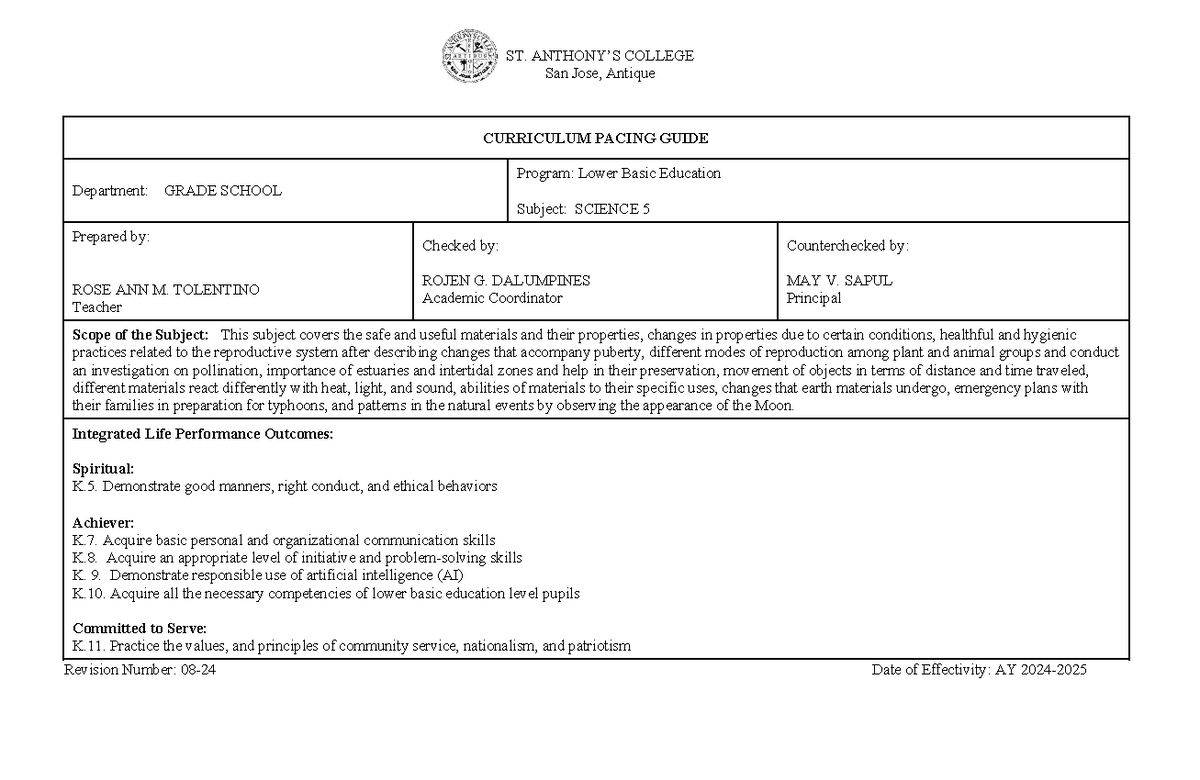CPG in Science 5 SY 2024-2025 - ST. ANTHONY’S COLLEGE San Jose, Antique ...