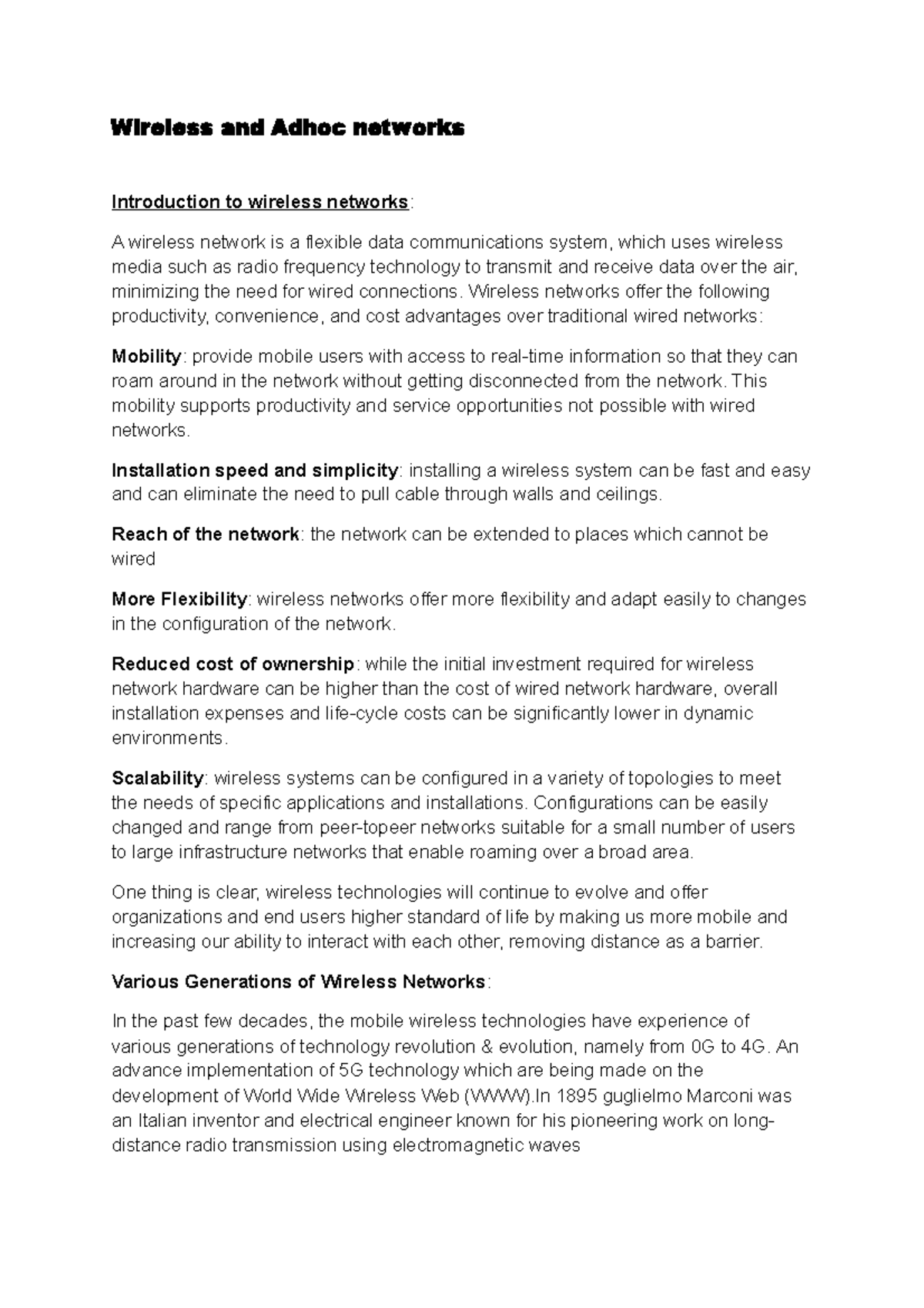 Networking concepts - Network generations - Wireless and Adhoc networks ...