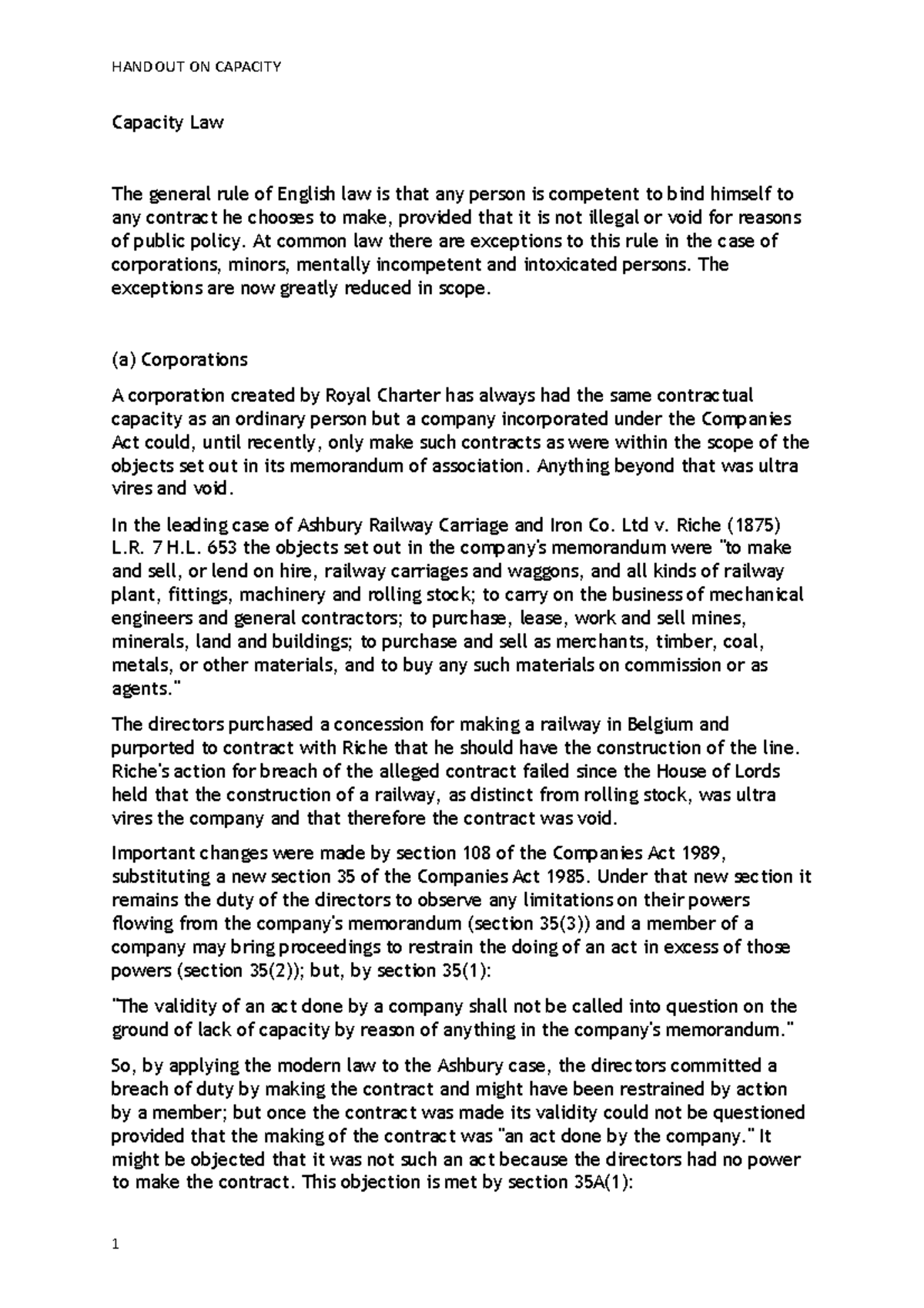 Capacity Law - Capacity Law The general rule of English law is that any ...