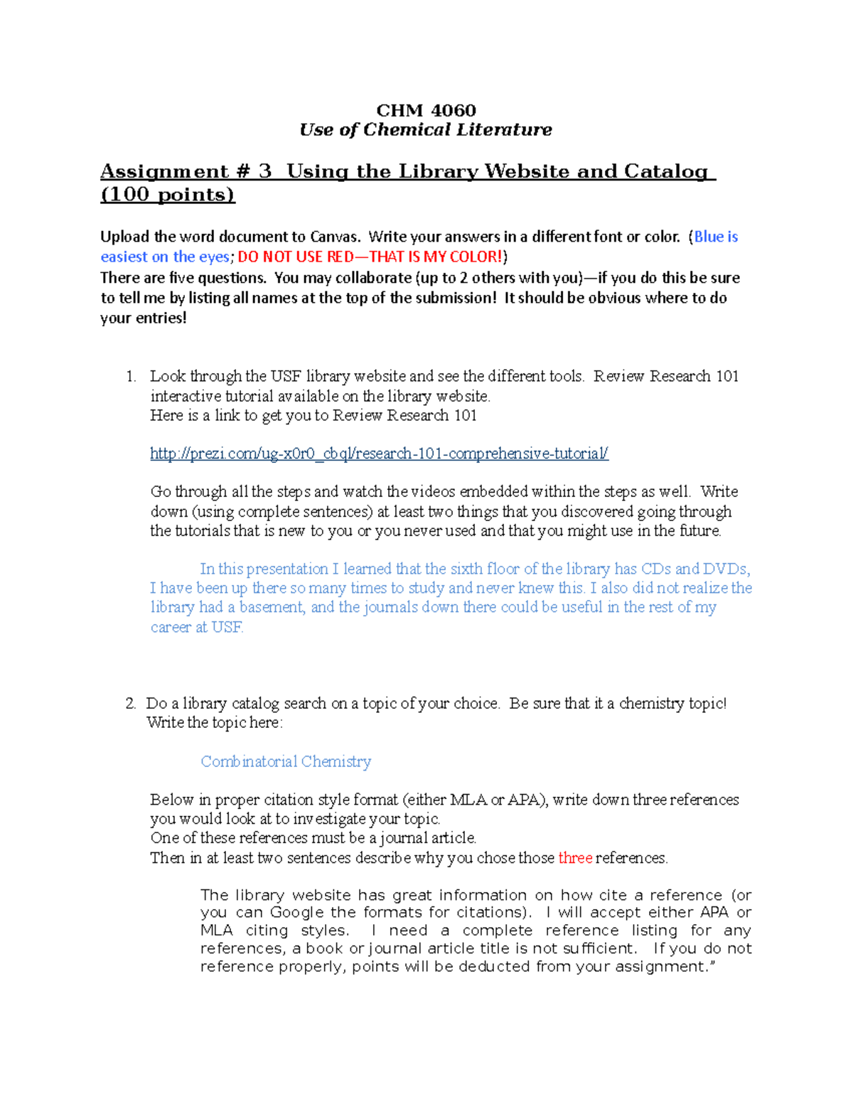 Assignment # 3 Using the Library Website and Catalog - CHM4060 - USF ...