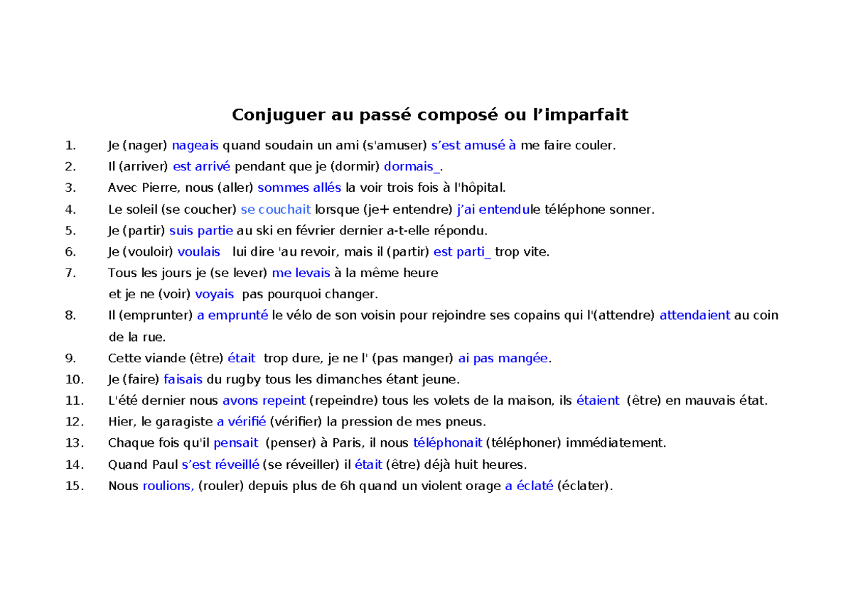 solucion ejercicios - Conjuguer au passé composé ou l’imparfait Je ...