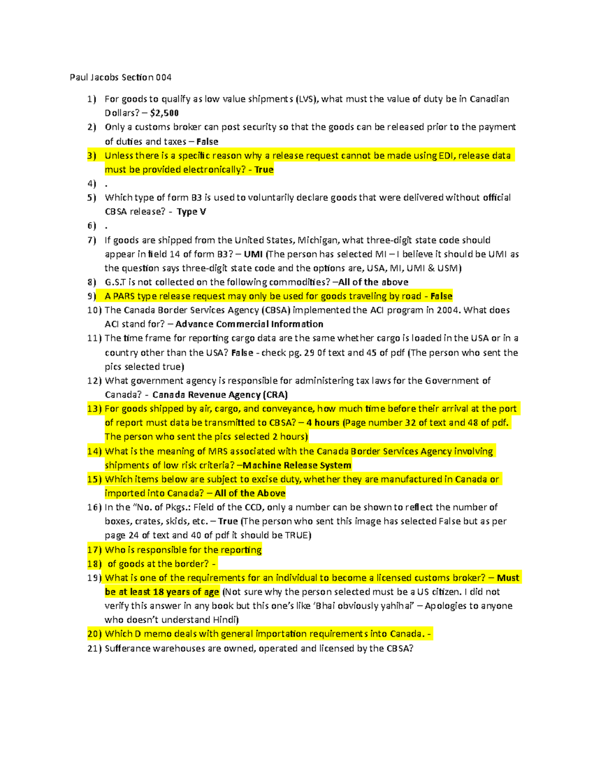 Customs Test 1 - kjlkjkjl - Paul Jacobs Section 004 For goods to ...