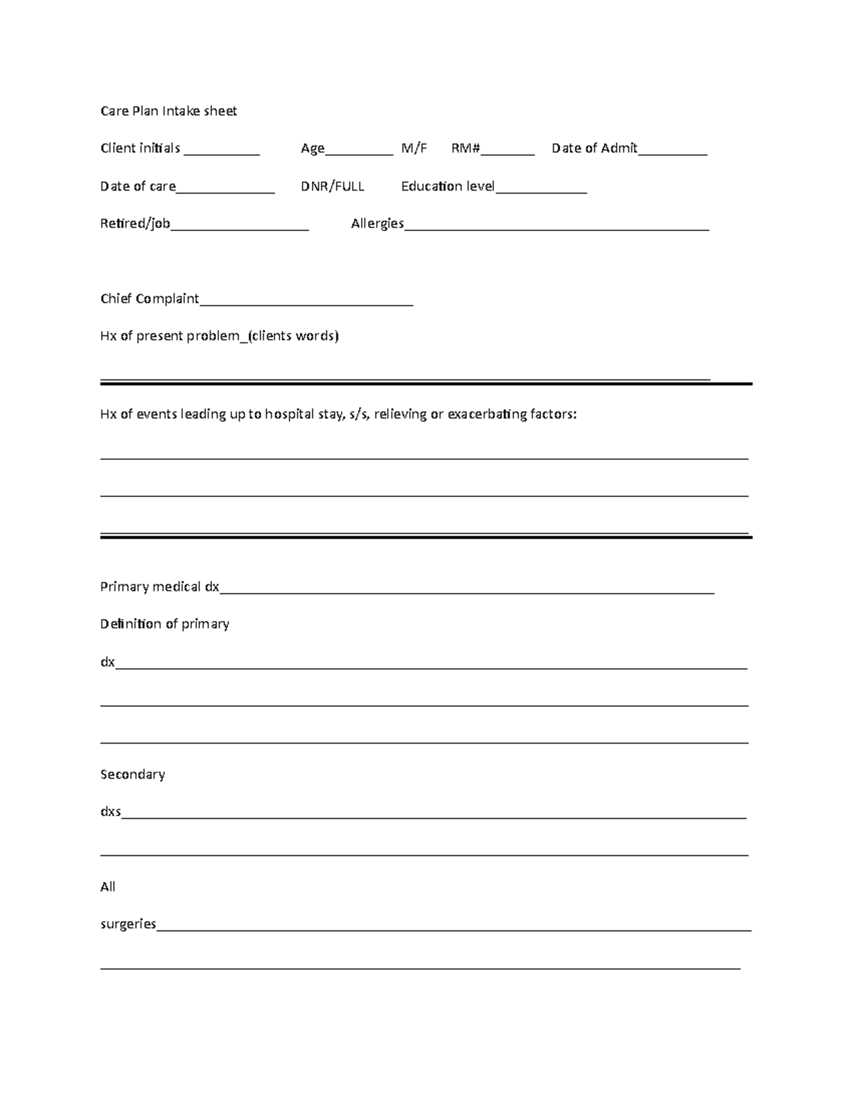 Care plan intake - Care Plan Intake sheet Client initials ...