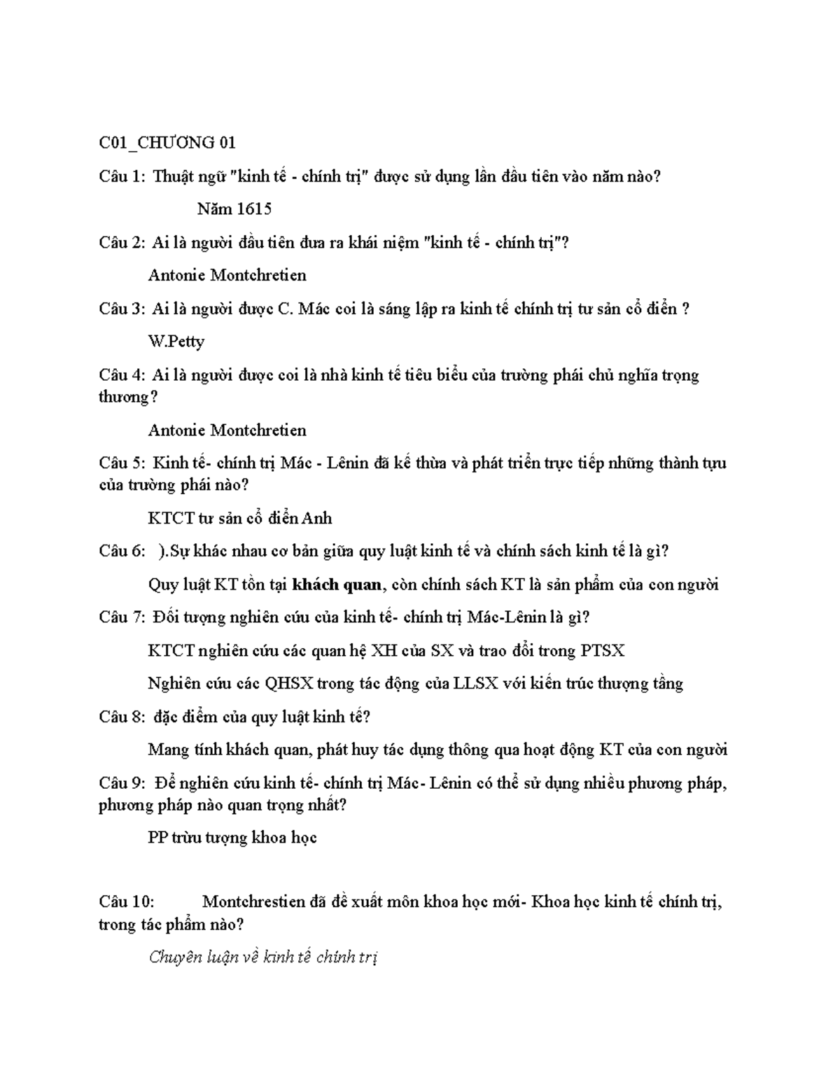 KTCT CK - tài liệu ôn kinh tế chính trị - C01_CHƯƠNG 01 Câu 1: Thuật ngữ "kinh tế - chính - Studocu