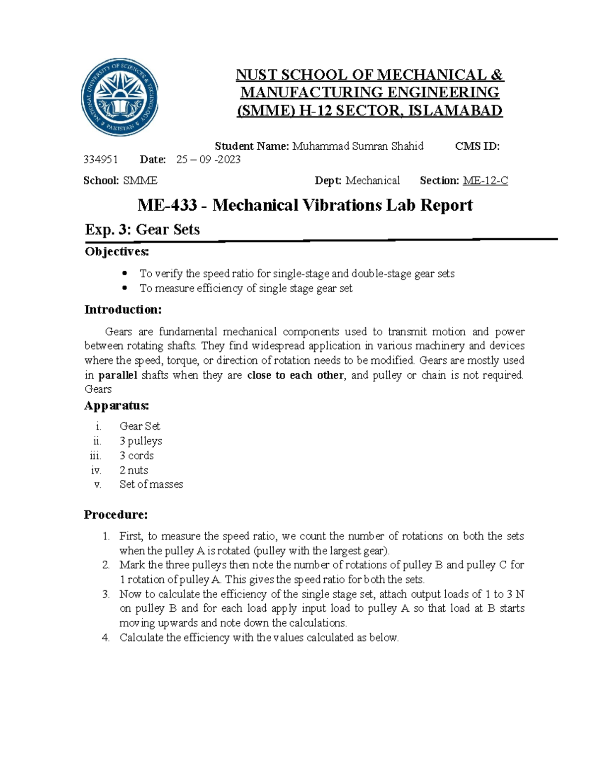 Lab 3 - Lab Work of Vibes - NUST SCHOOL OF MECHANICAL & MANUFACTURING ...