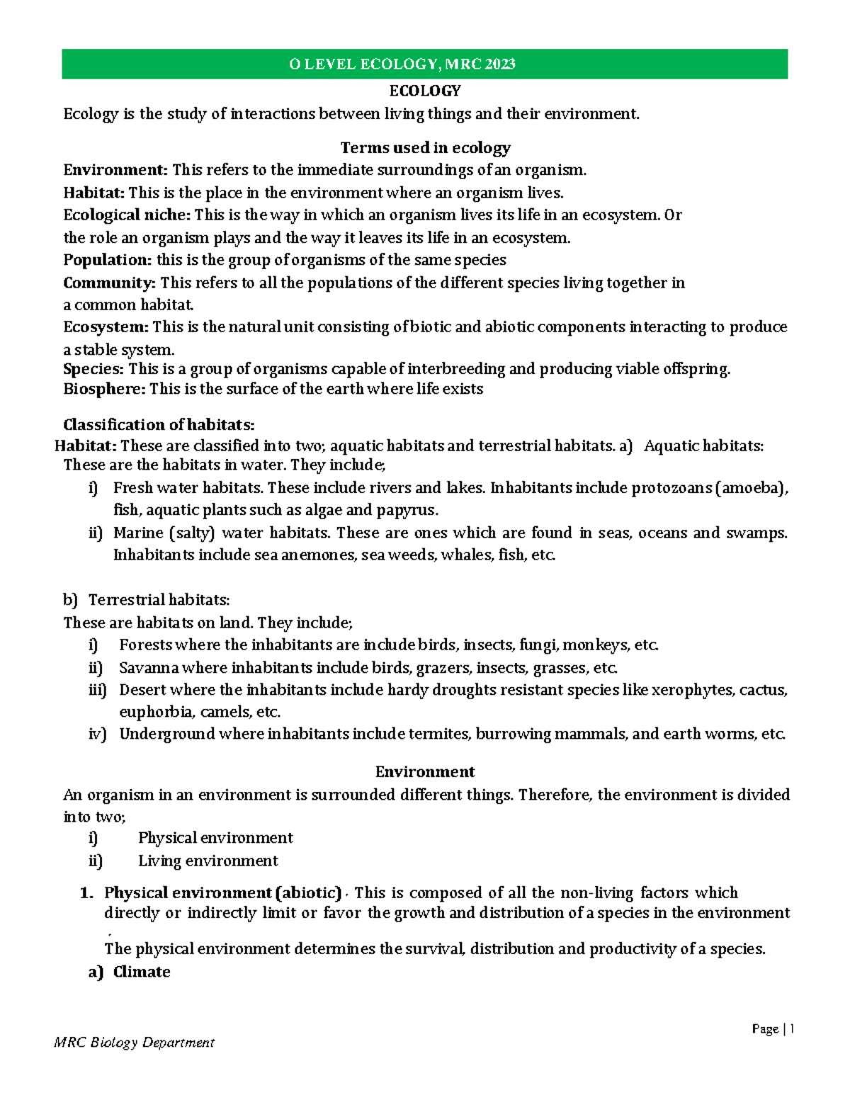S4 ecology - Teaching/learning aids - Page | 1 ECOLOGY Ecology is the ...
