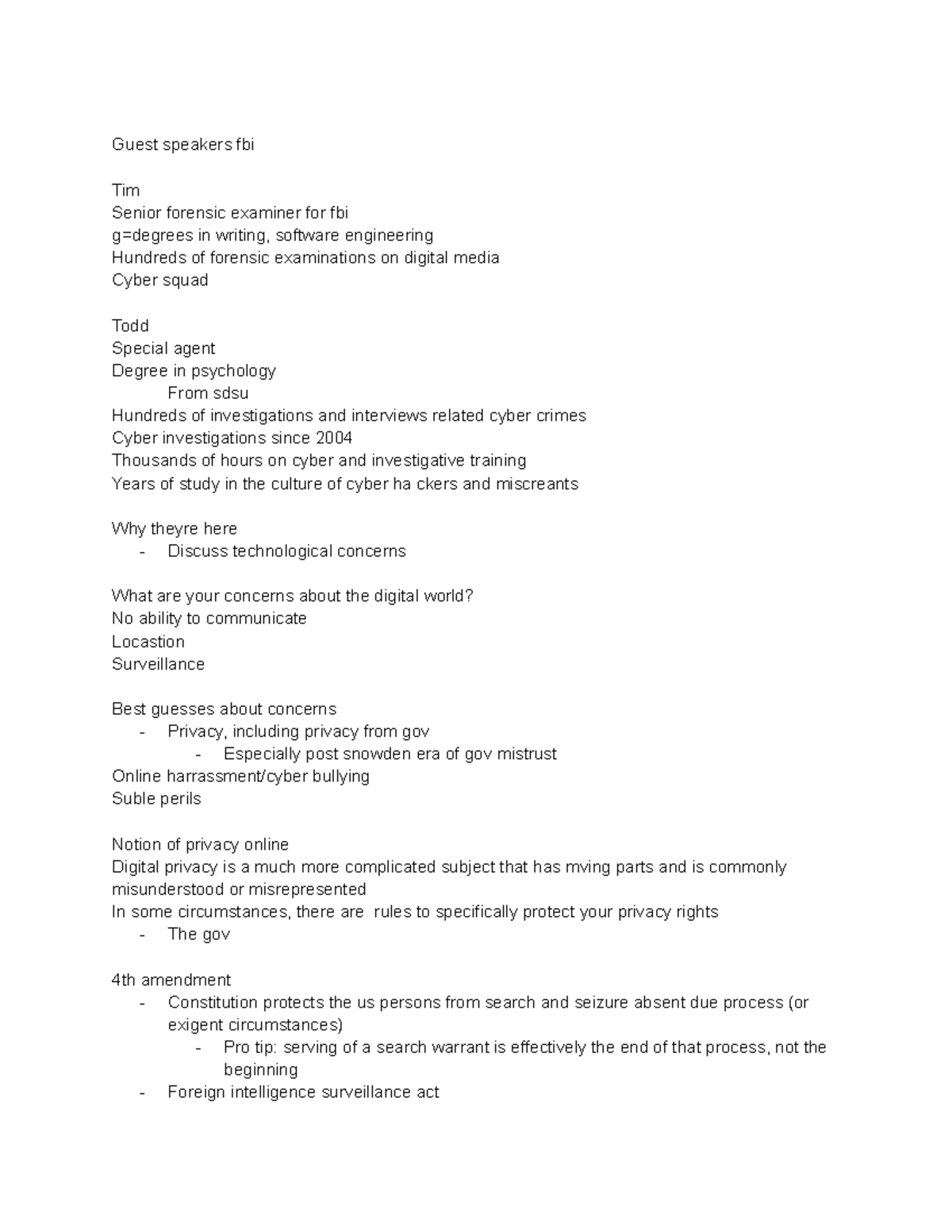 JMS 210 - Lecture notes 1-7 - Guest speakers fbi Tim Senior forensic ...