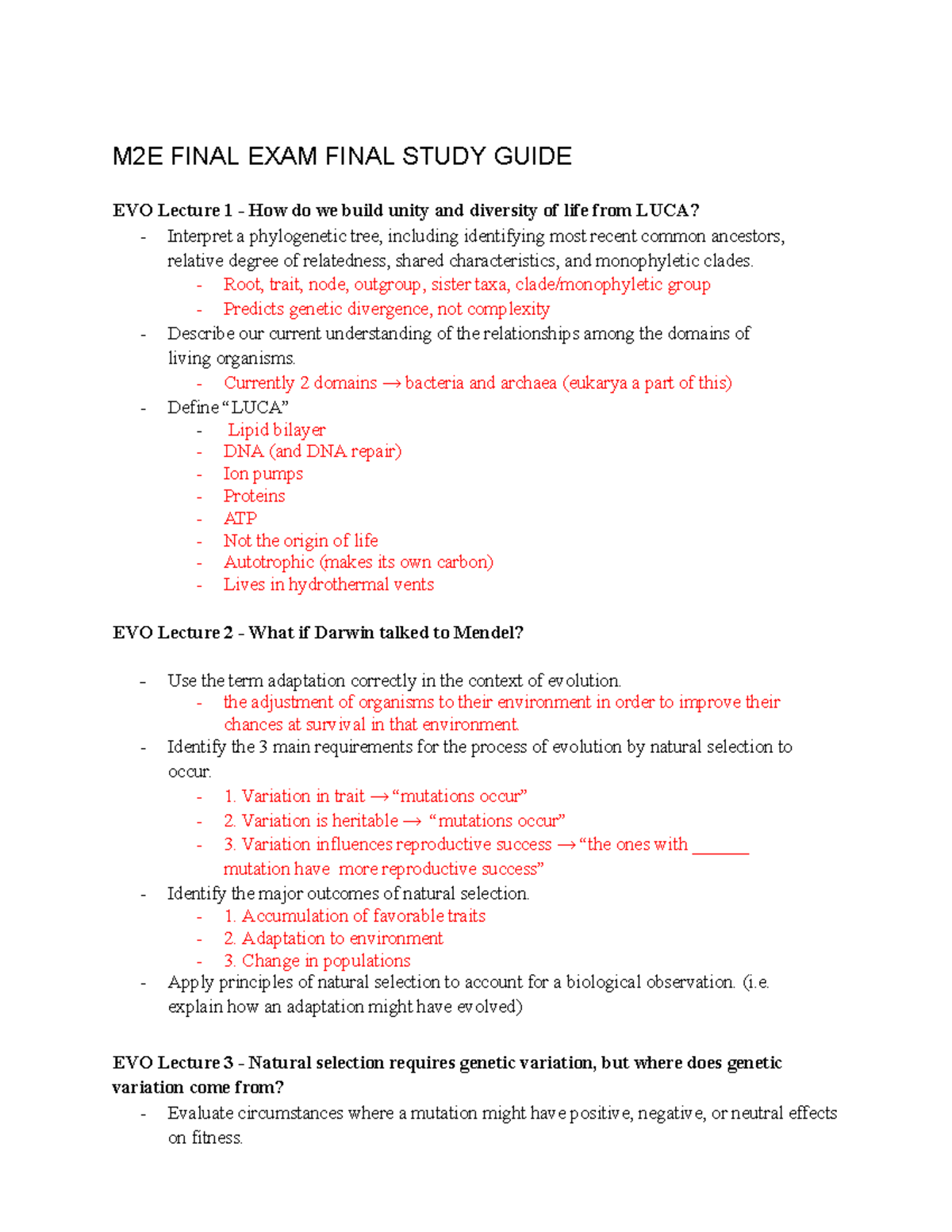 Bio Final Exam Study Guide - M2E FINAL EXAM FINAL STUDY GUIDE EVO ...