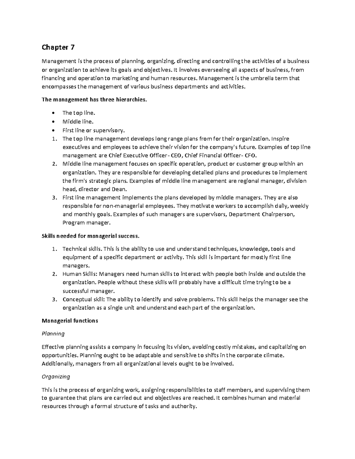 Chapter 7 - Summary Introduction to Business II - Chapter 7 Management ...