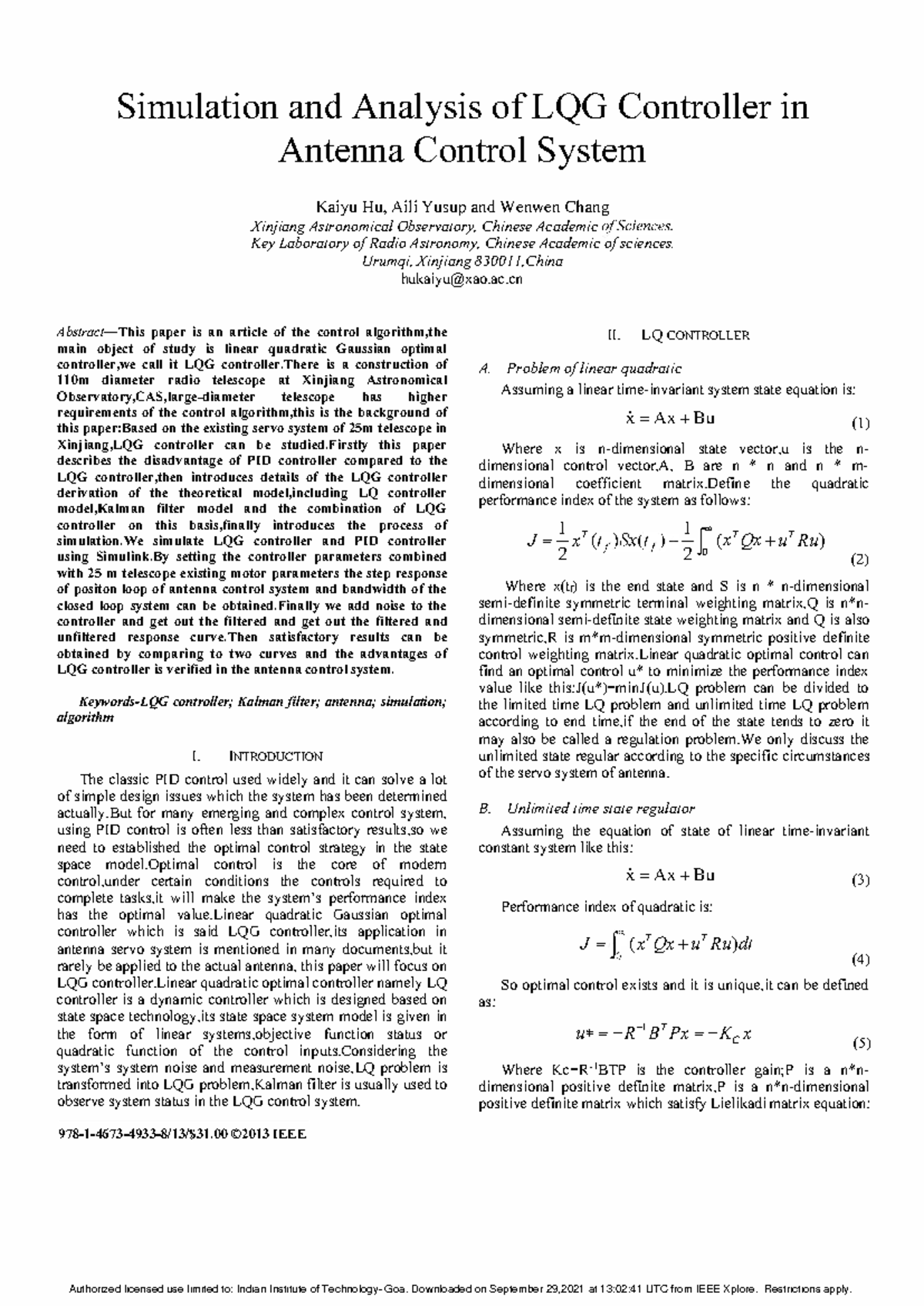 Simulation and analysis of LQG controller in antenna control system ...