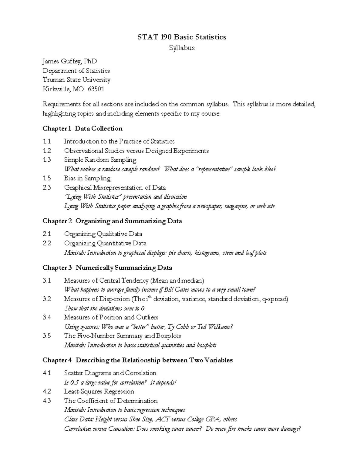 STAT 190 Basic Statistics Dual Enrollment Syllabus Guffey - STAT 190 ...