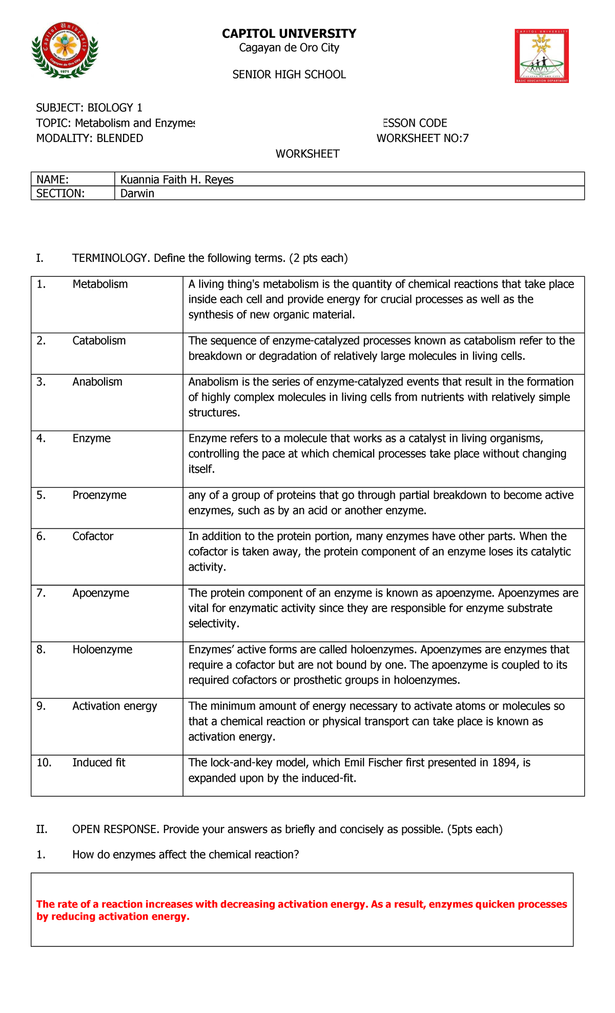 BIOLOGY WORKSHEET 7 - SUBJECT: BIOLOGY 1 TOPIC: Metabolism and Enzymes ...