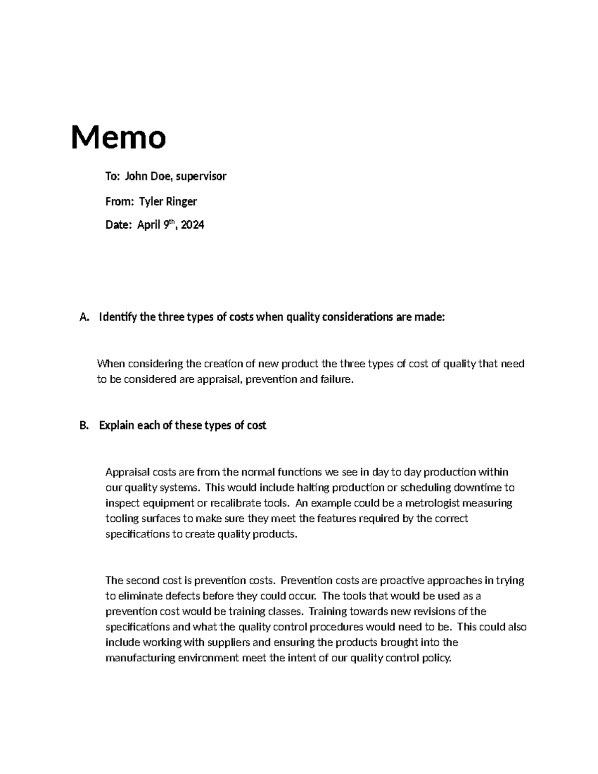 QHT1 Task 1 - Memo To: John Doe, supervisor From: Tyler Ringer Date ...