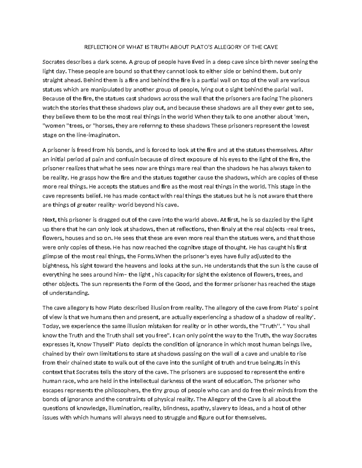 Reflection OF W - REFLECTION OF WHAT IS TRUTH ABOUT PLATO'S ALLEGORY OF ...