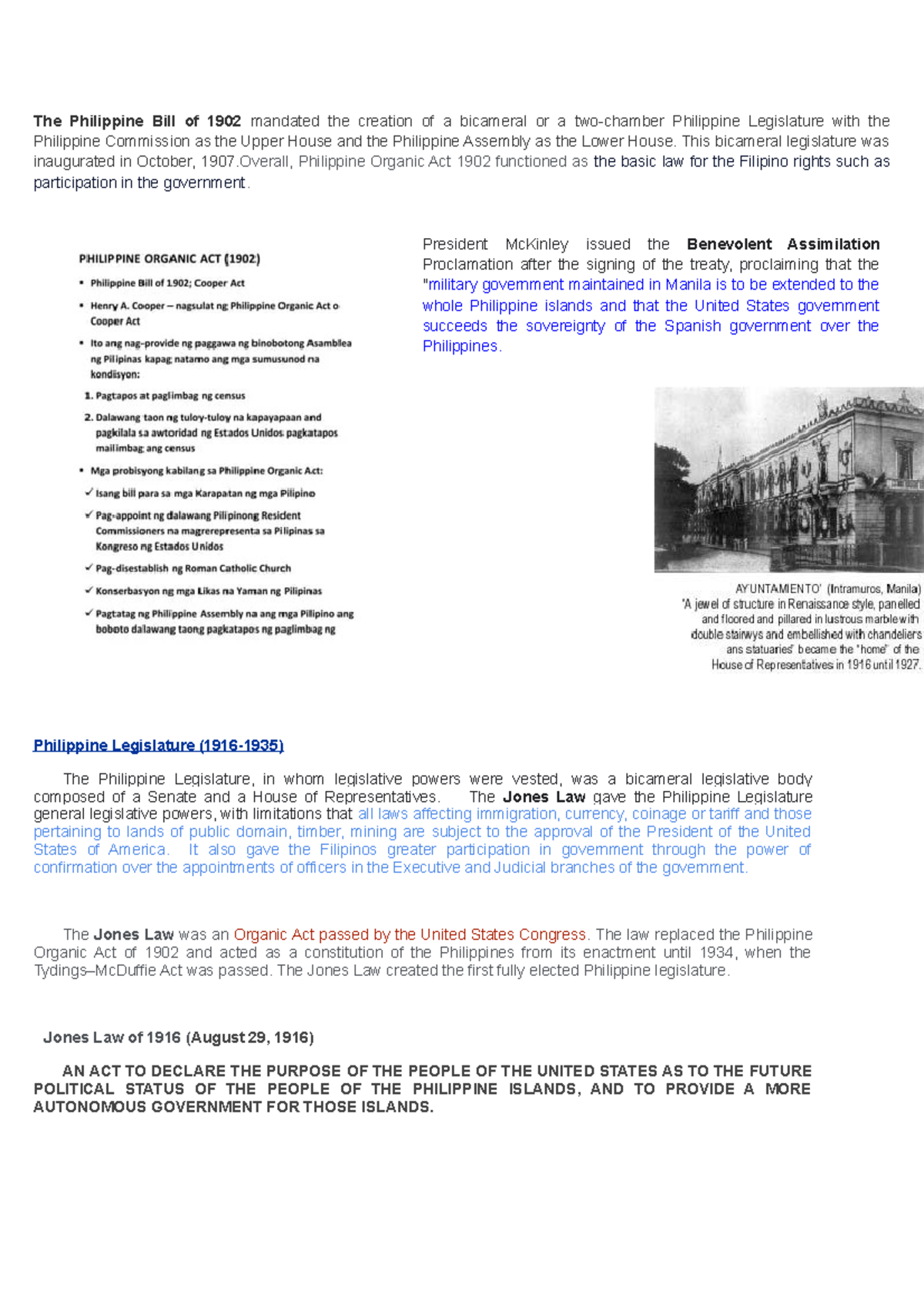 Philippine History - VERY GOOD - The Philippine Bill of 1902 mandated ...