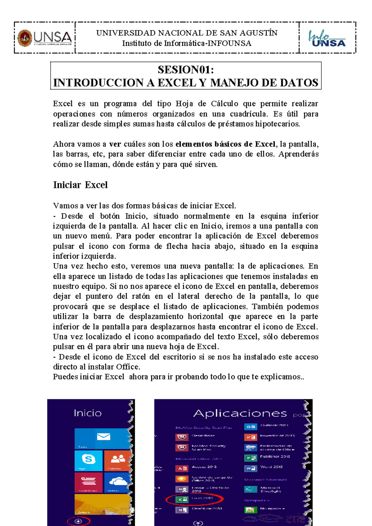 Sesion 001 Introduccion A Excel - Instituto de Informática-INFOUNSA SESION01: INTRODUCCION A ...