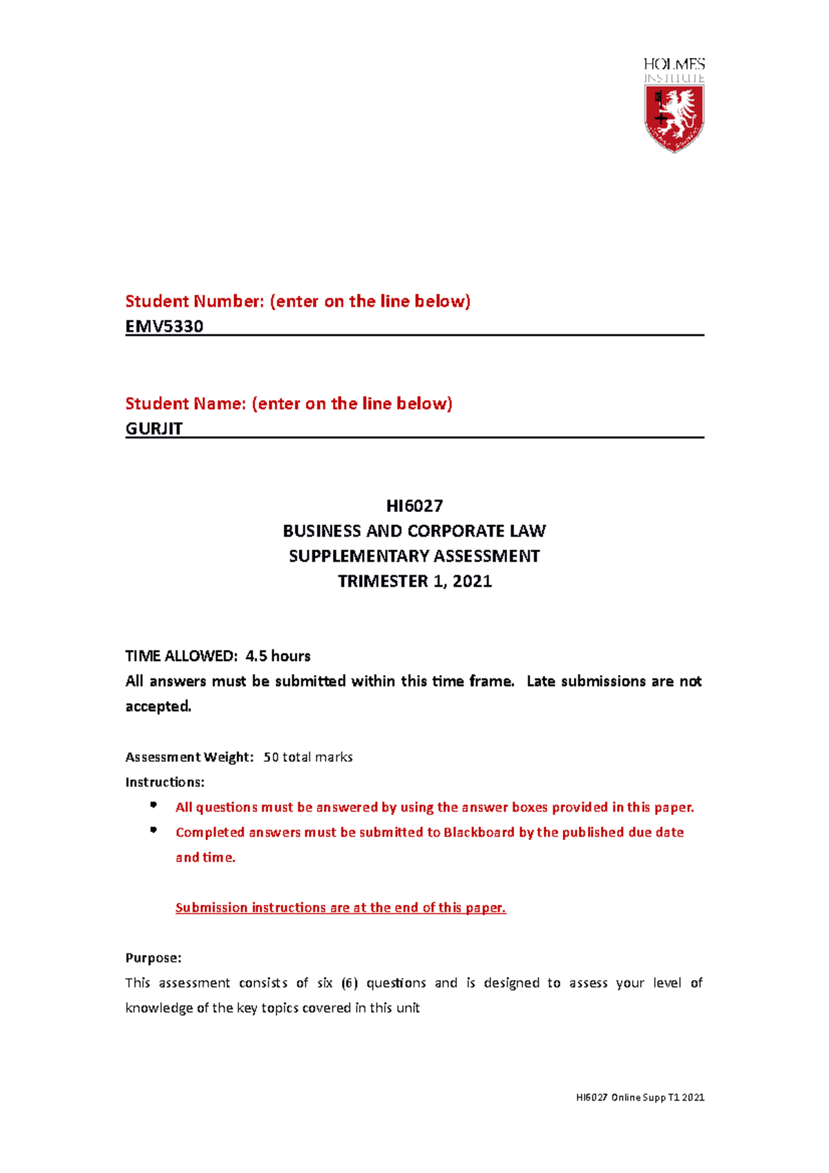 EMV5330-HI6027 - N/A - Student Number: (enter on the line below) EMV ...