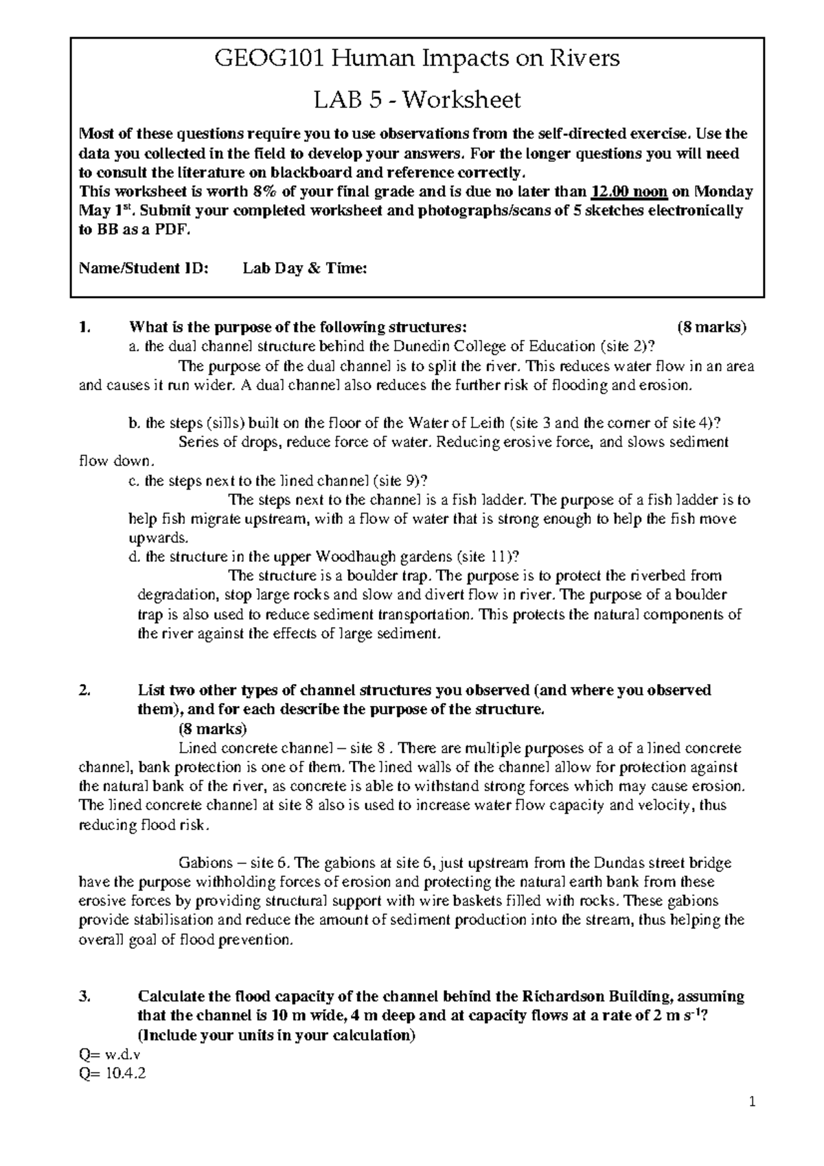 Human impacts river - GEOG101 Human Impacts on Rivers LAB 5 - Worksheet ...