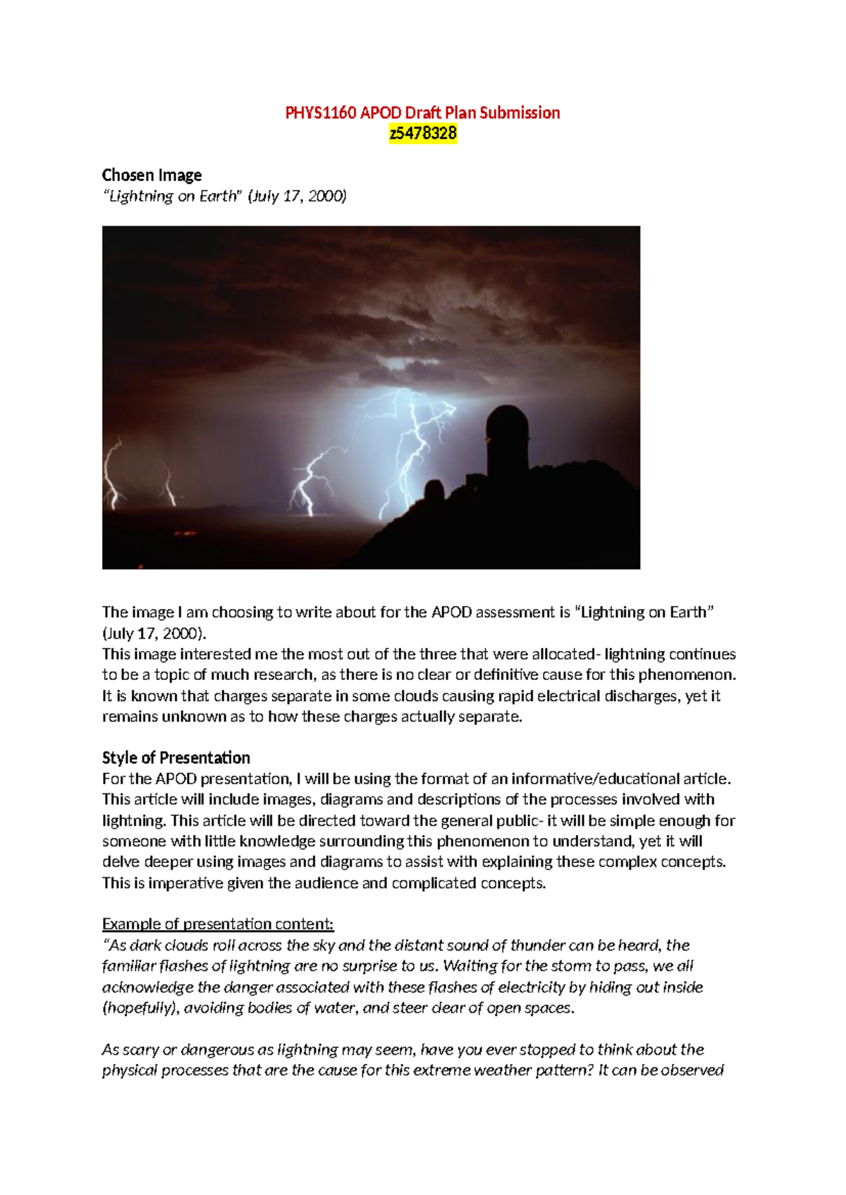 PHYS1160 APOD Draft Plan Submission - PHYS1160 APOD Draft Plan ...