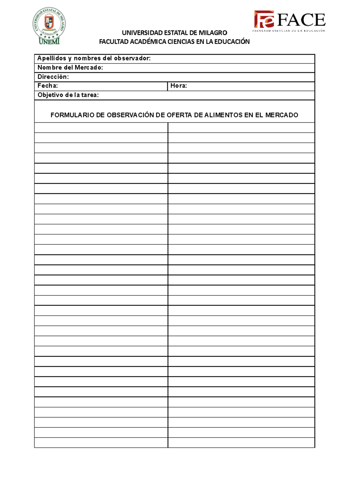 Plantilla DE Formulario PARA Enlistar LOS Alimentos DEL Mercado ...