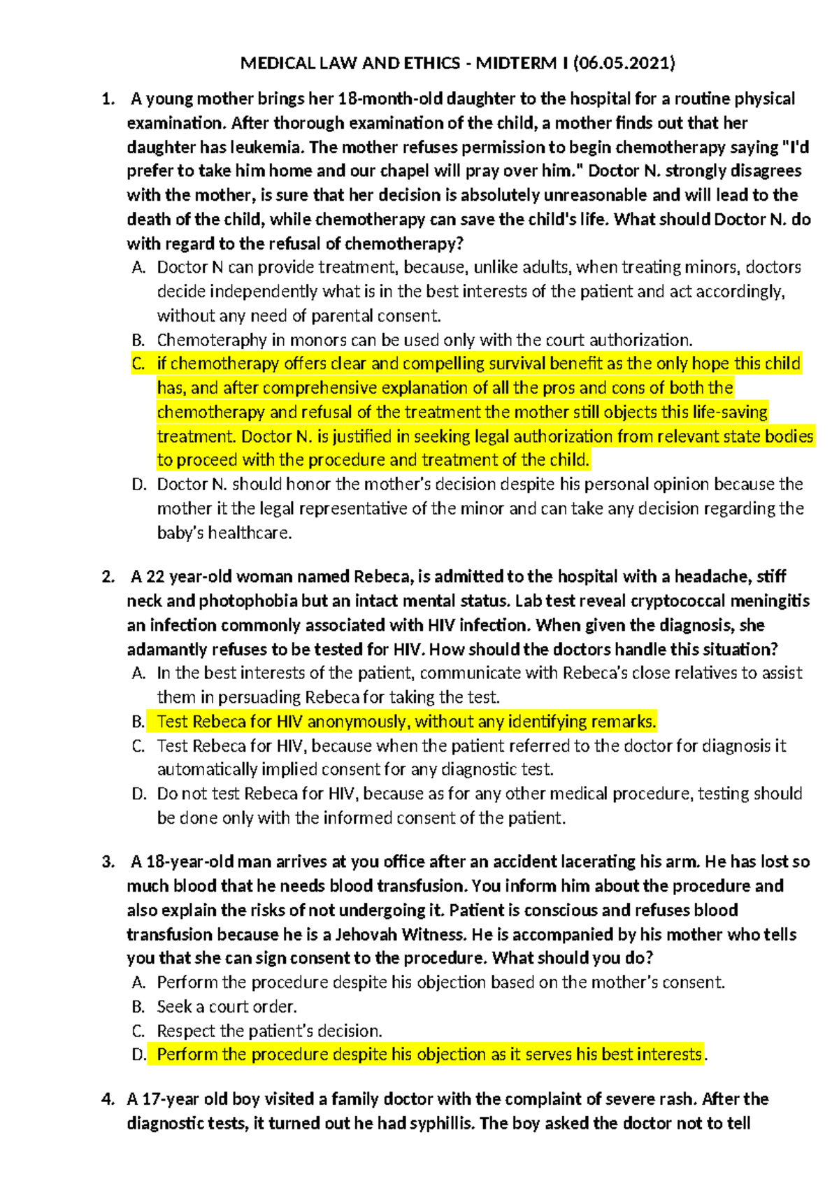 Medical LAW AND Ethics - Midterm I (06.05.2021) - MEDICAL LAW AND ...
