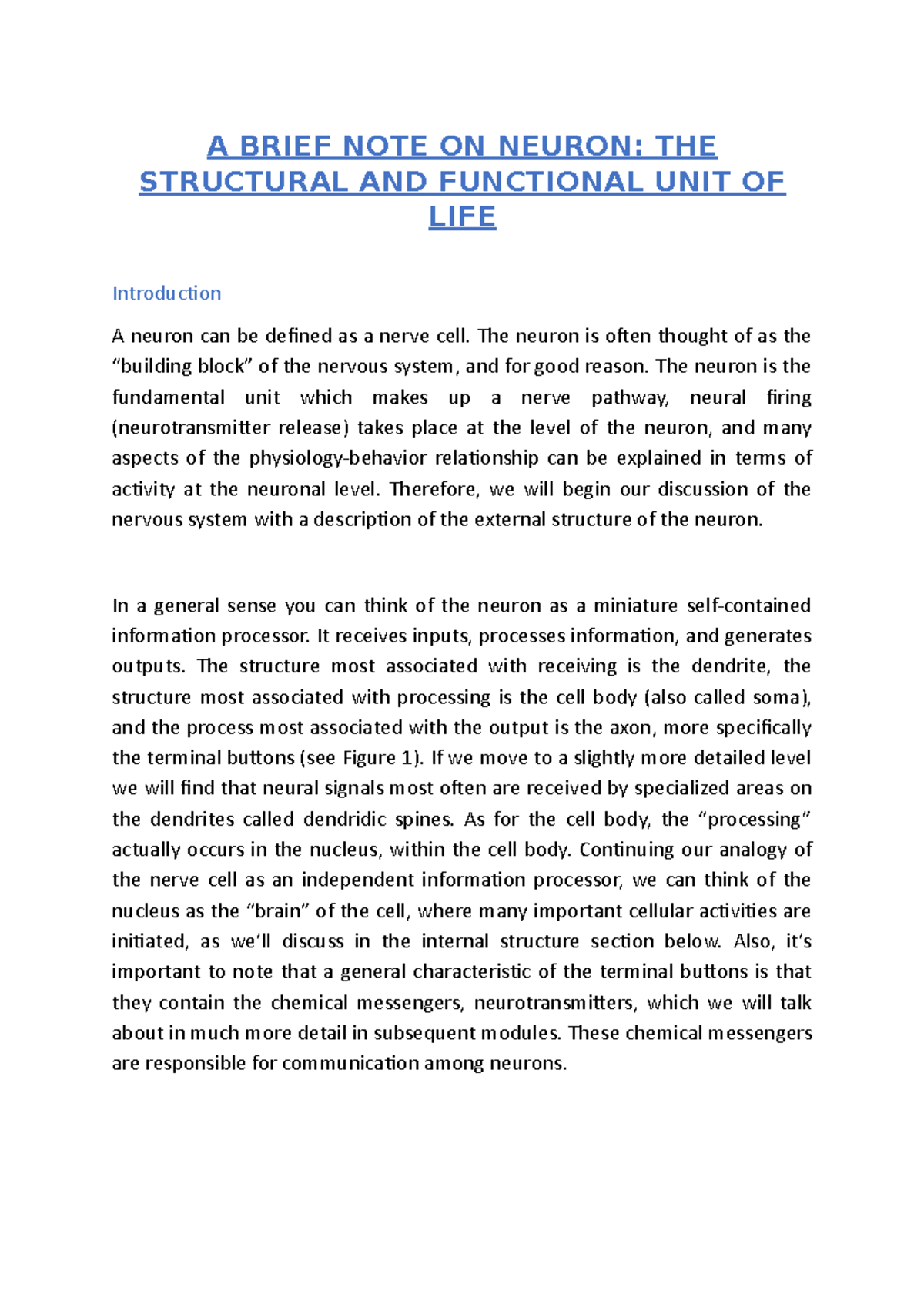 A Brief NOTE ON Neuron THE Structural AND Functional UNIT OF LIFE - A ...
