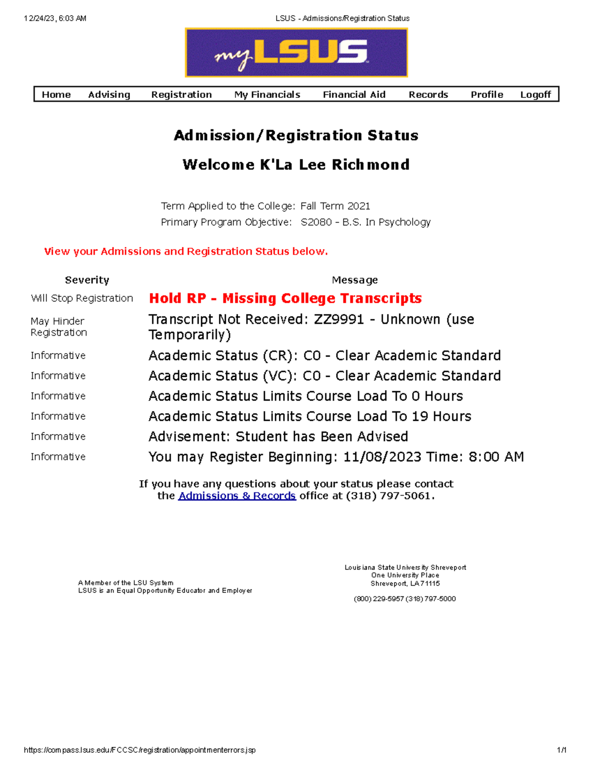 LSUS - Admissions Registration Status - 12/24/23, 6:03 AM LSUS ...