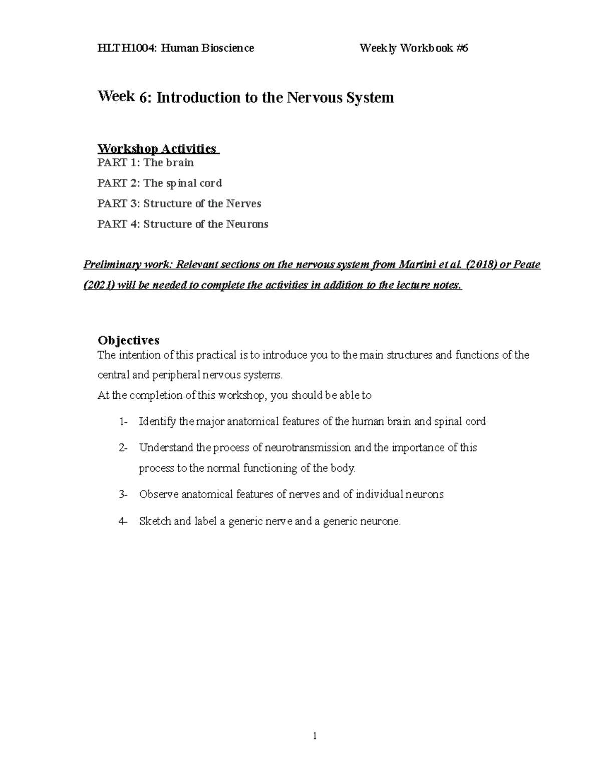 Workbook 6 nervous system - Week 6: Introduction to the Nervous System ...