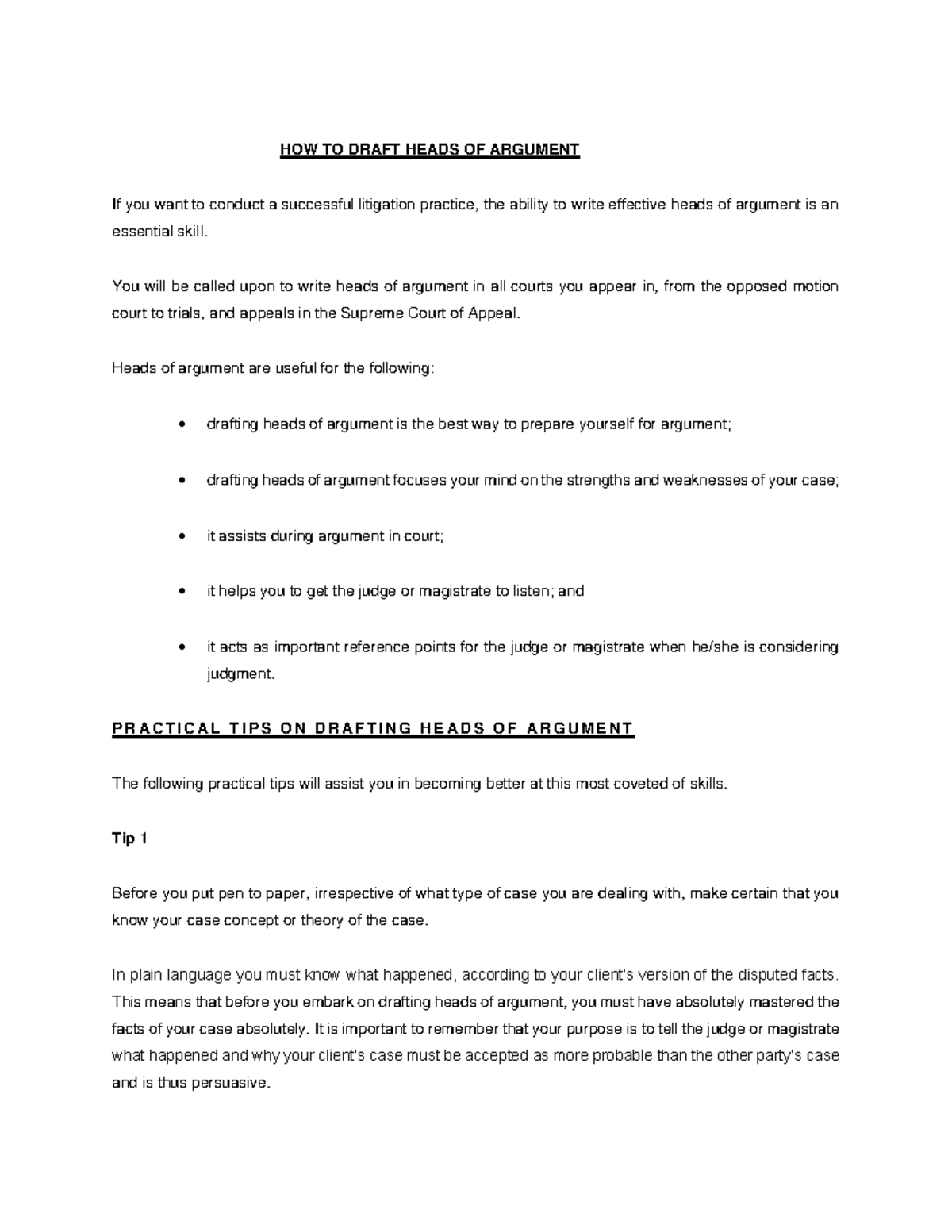Heads of argument Notes - HOW TO DRAFT HEADS OF ARGUMENT If you want to ...