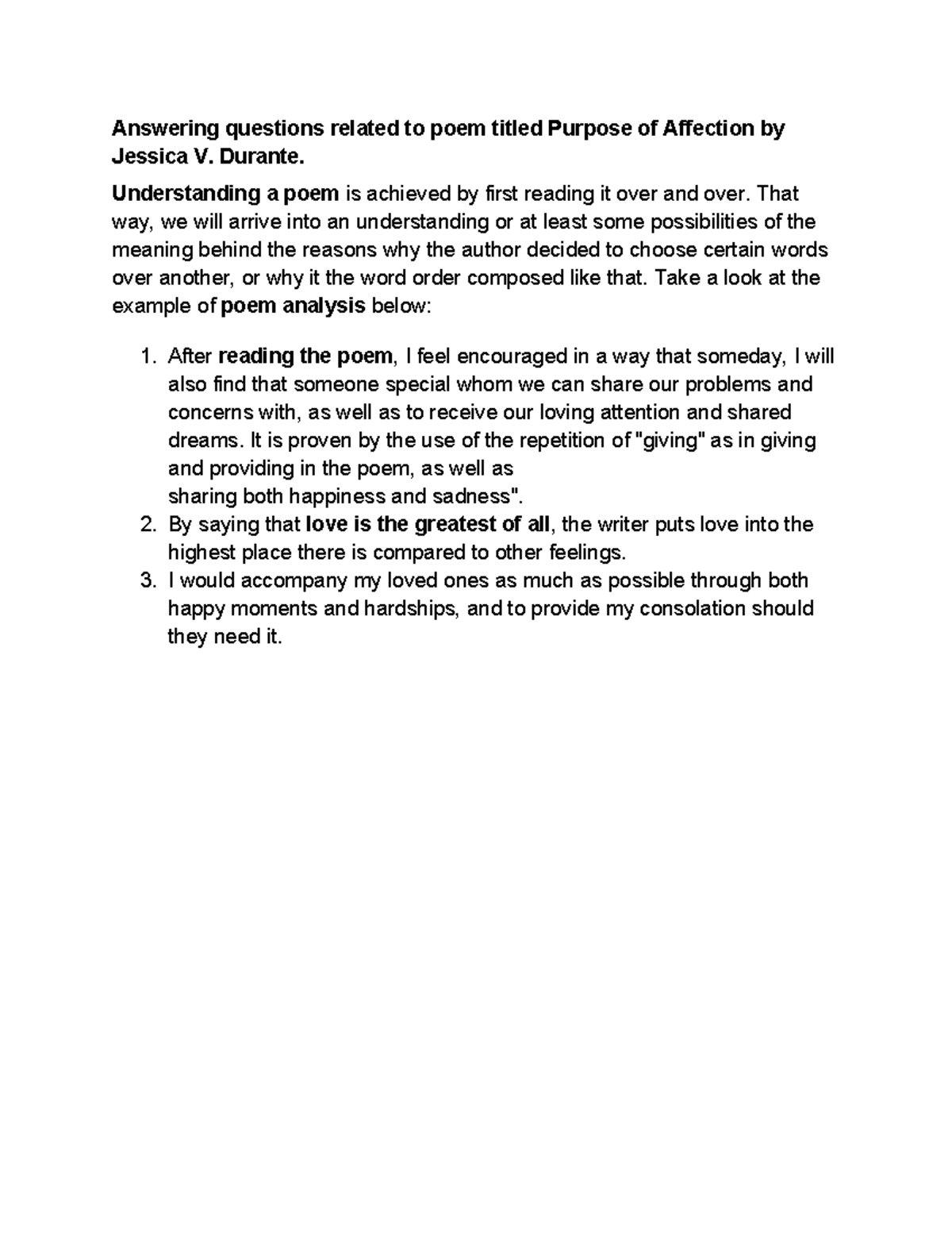 Purpose of Affection - Durante. Understanding a poem is achieved by ...