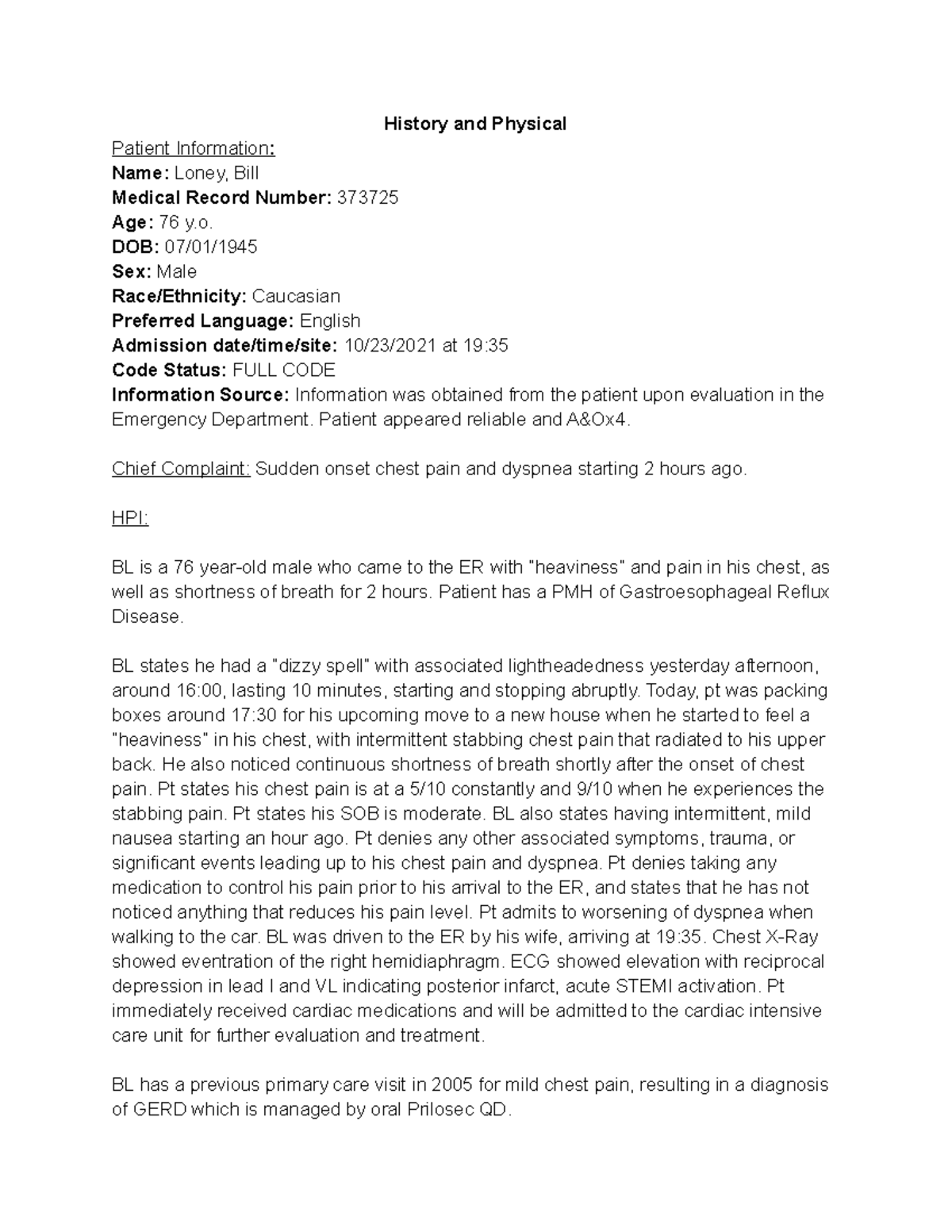 H&P 2 - H&P for a STEMI pt - History and Physical Patient Information ...
