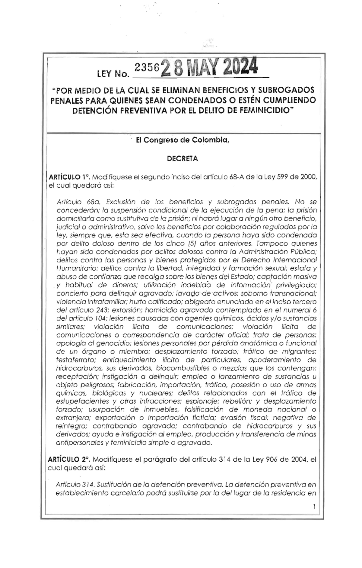 LEY 2356 DEL 28 DE MAYO DE 2024 - "V, LEY No. 2356 - ####### UPOR MEDIO ...