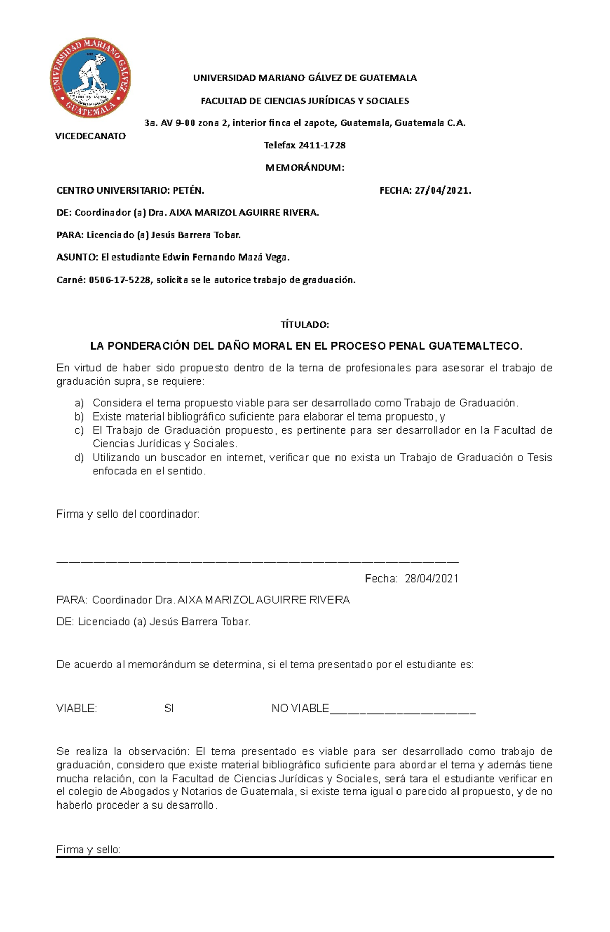 Nota de asesor de viabilidad de tema de tesis - UNIVERSIDAD MARIANO ...