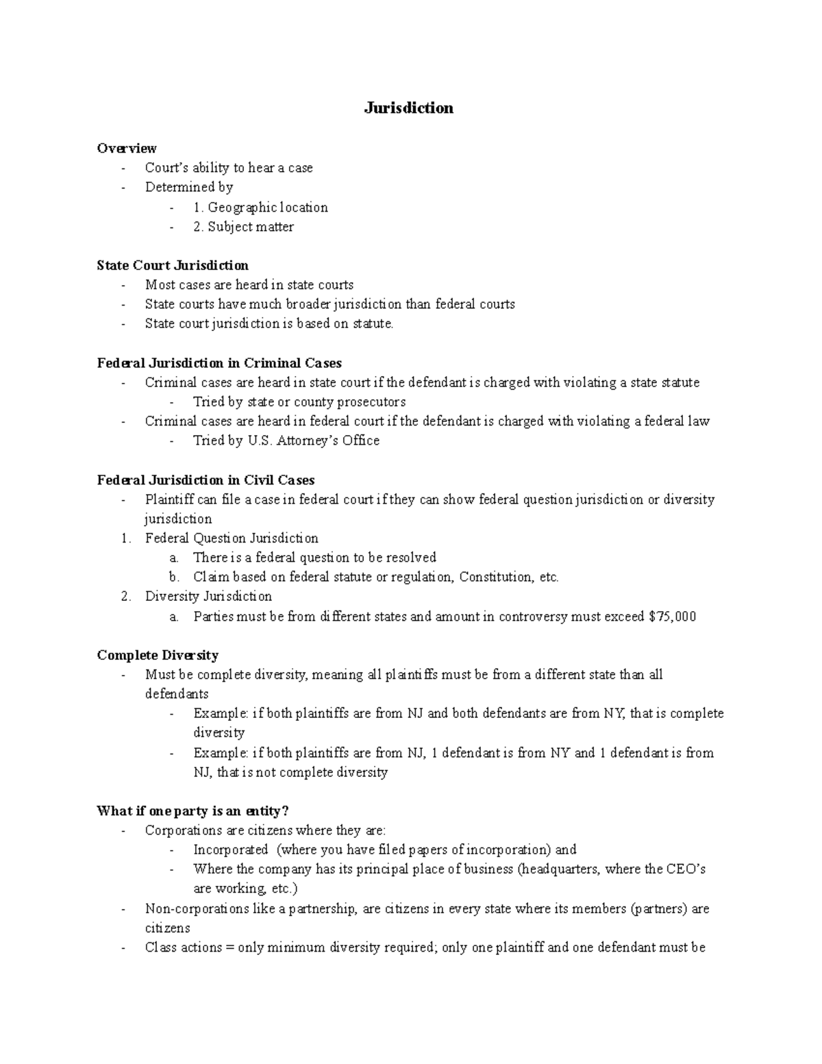 Jurisdiction - Jurisdiction Overview - Court’s ability to hear a case ...