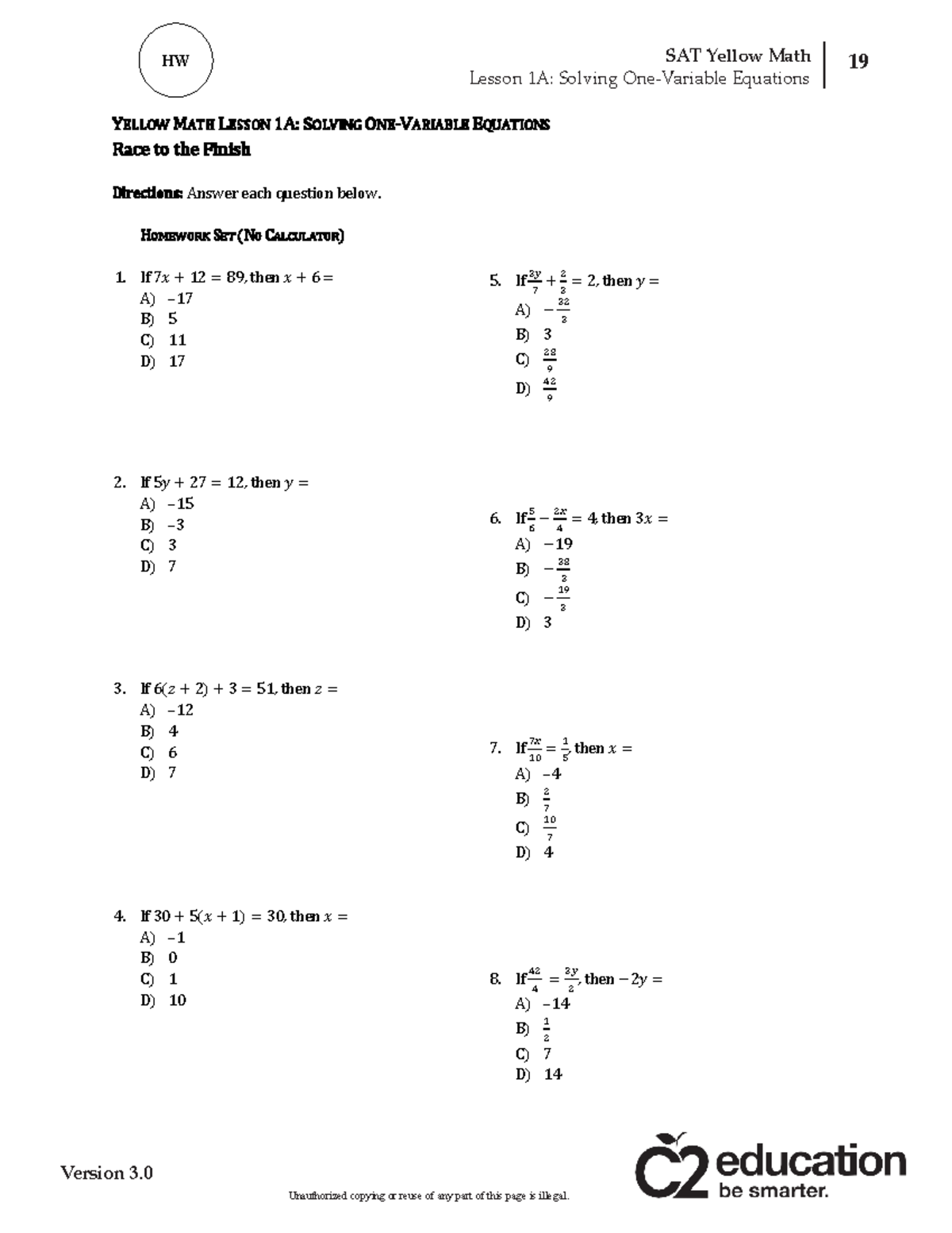 SAT+Yellow+Math+ +Lesson+01A+ +Solving+One Variable+Equations+ +HW+ ...