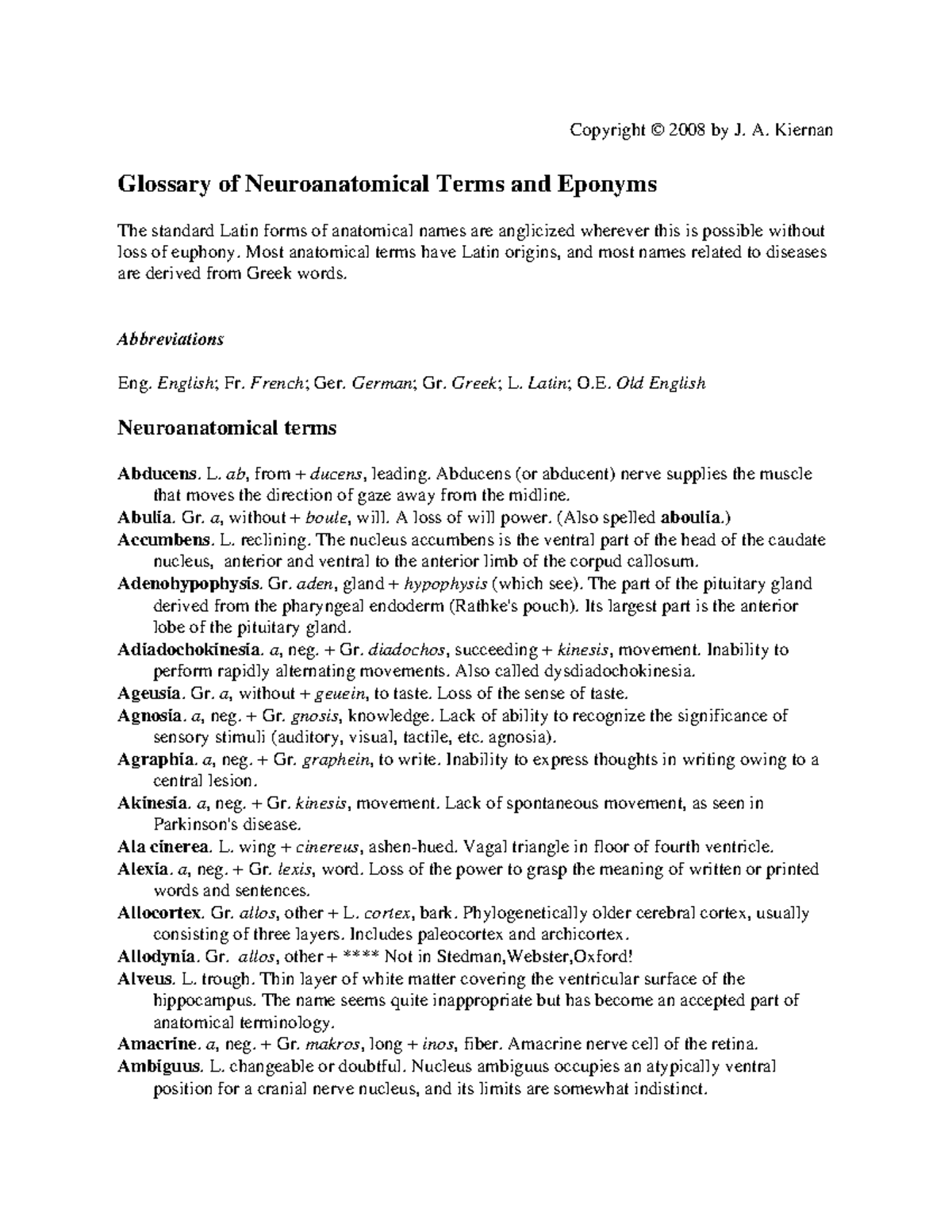 Neuroscience Glossary - Copyright © 2008 by J. A. Kiernan Glossary of ...