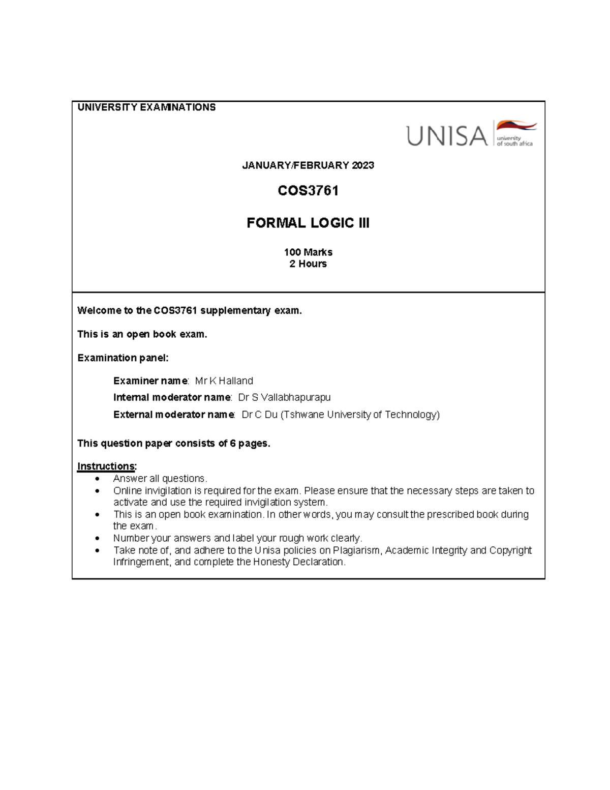 Cos3761 exam paper jan2023 - UNIVERSITY EXAMINATIONS JANUARY/FEBRUARY ...