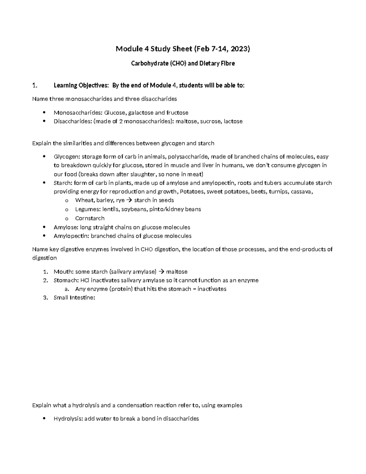 Study Sheet for Module 4 - Carbohydrates and Fibre - Winter 2023 ...