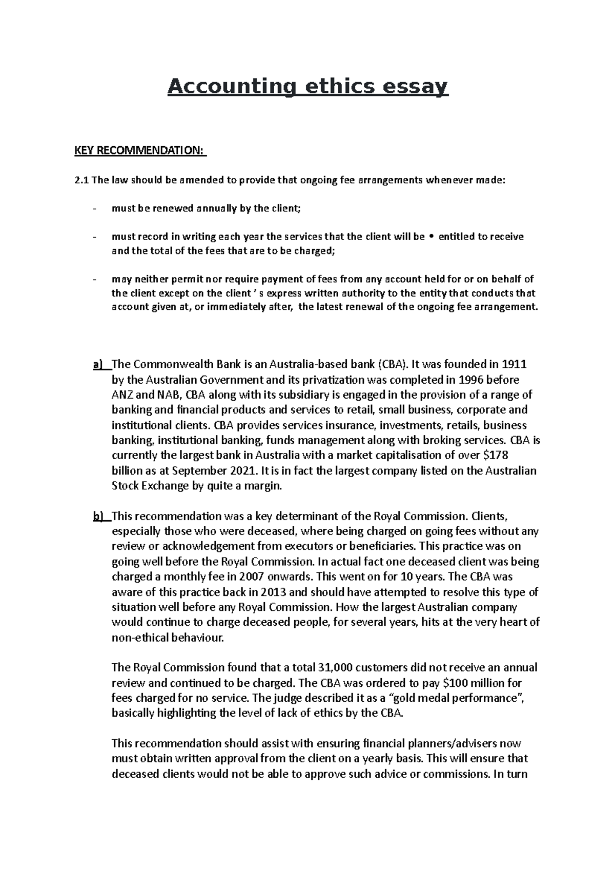 Accounting ethics essay - a) The Commonwealth Bank is an Australia ...