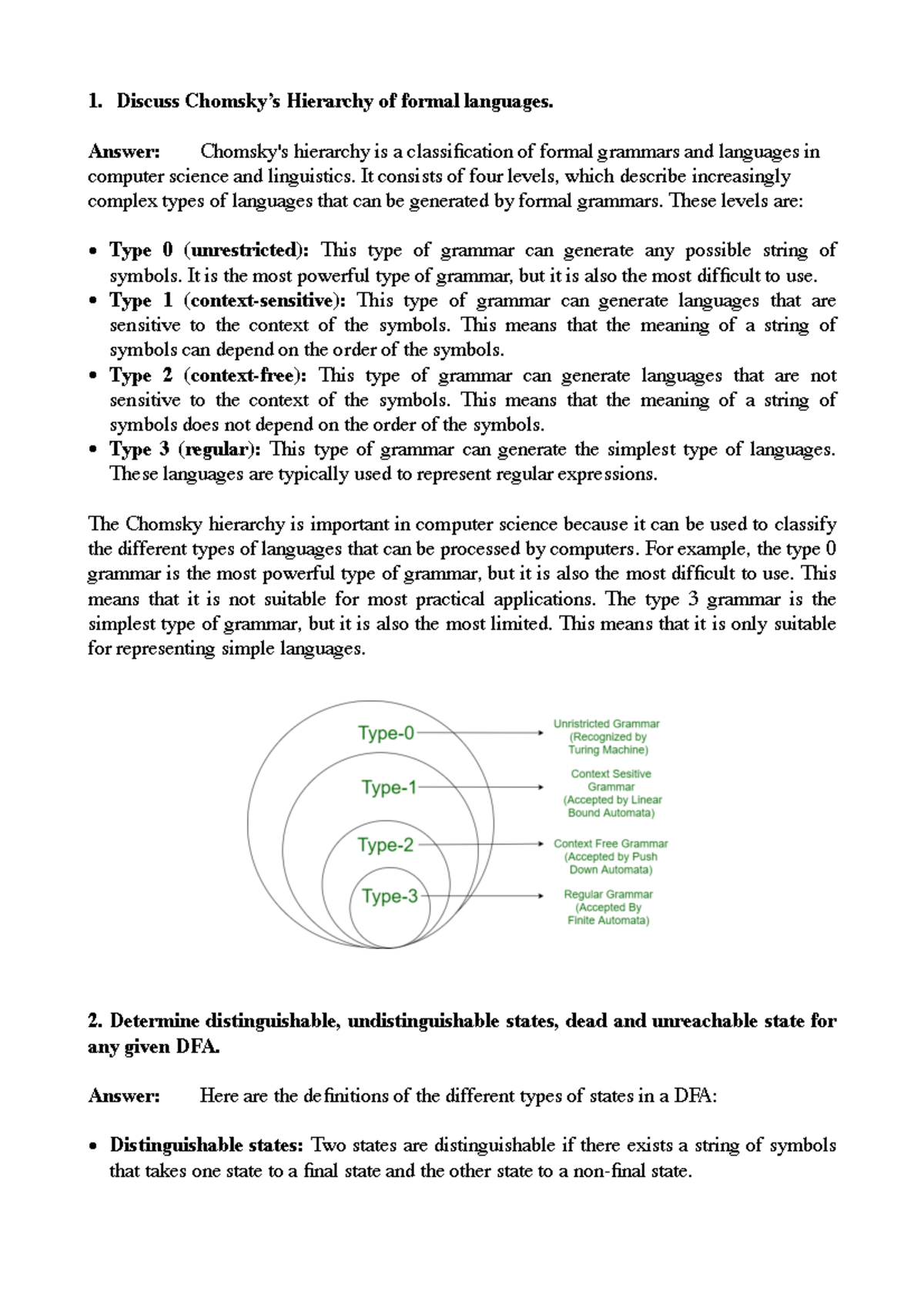 TOC - wwwww - Discuss Chomsky’s Hierarchy of formal languages. Answer ...