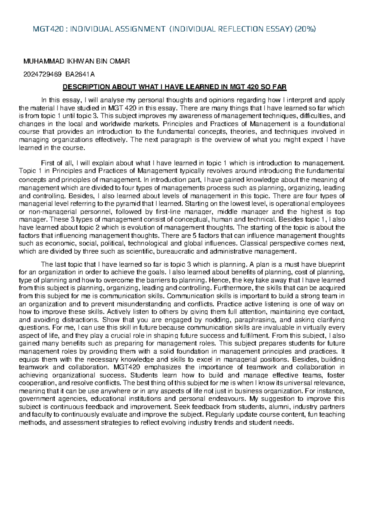 Individual Assignment 1 MGT 420 - MGT420 : INDIVIDUAL ASSIGNMENT ...