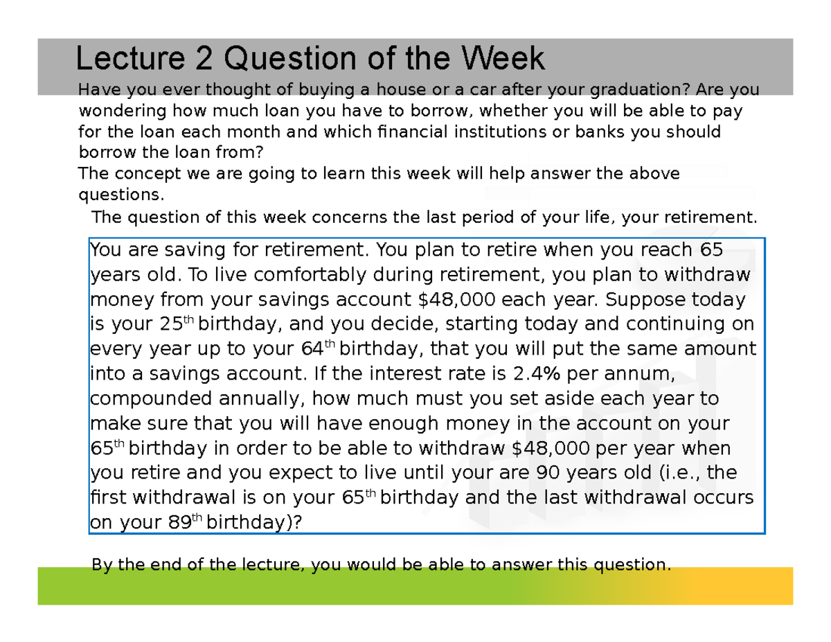 L02s Time Value Money - financial management - Lecture 2 Question of ...